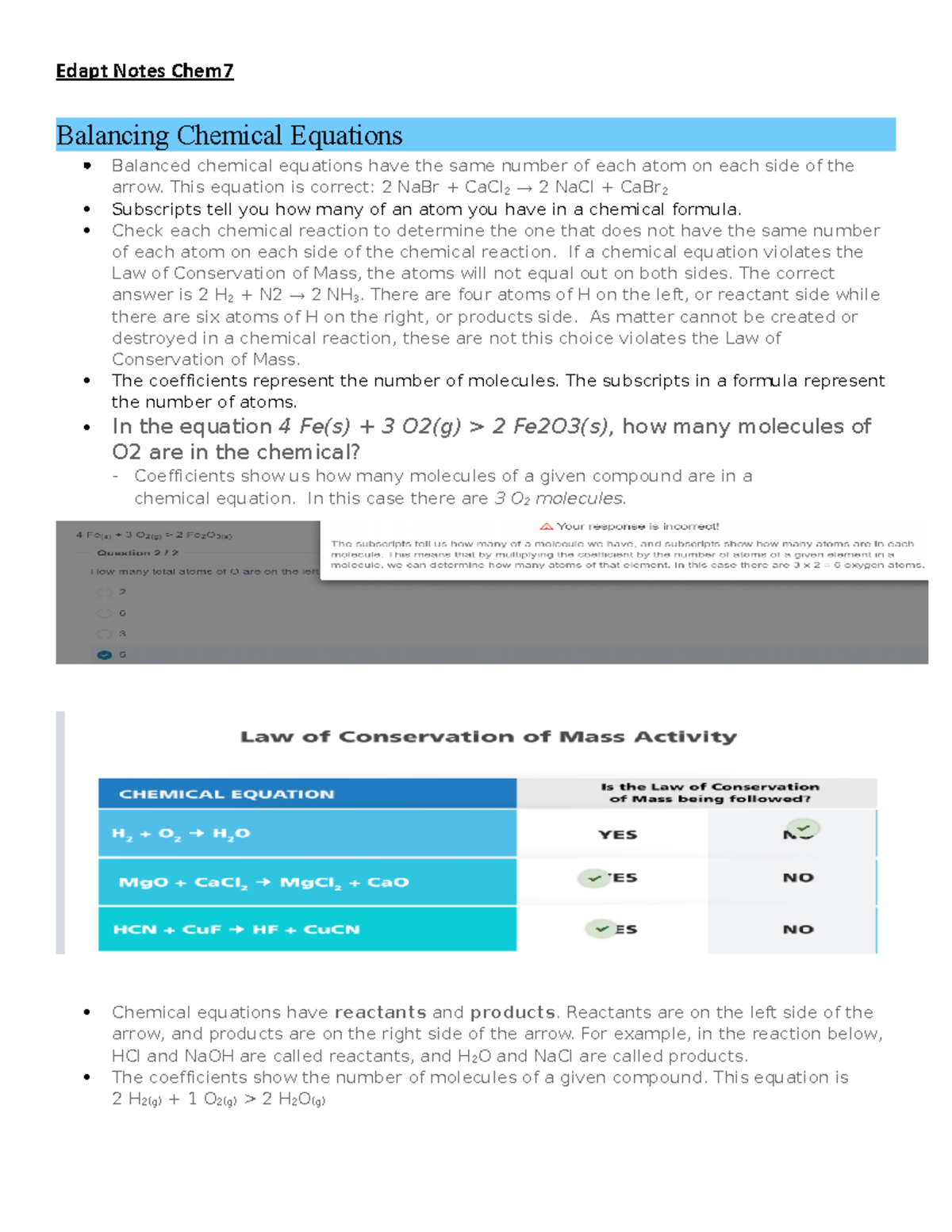 Week 3 Edap Notes Chem120 - Edapt Notes Chem Balancing Chemical ...