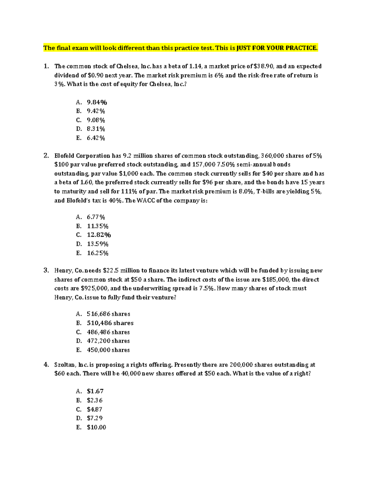 Practice test answer key - The final exam will look different than this ...