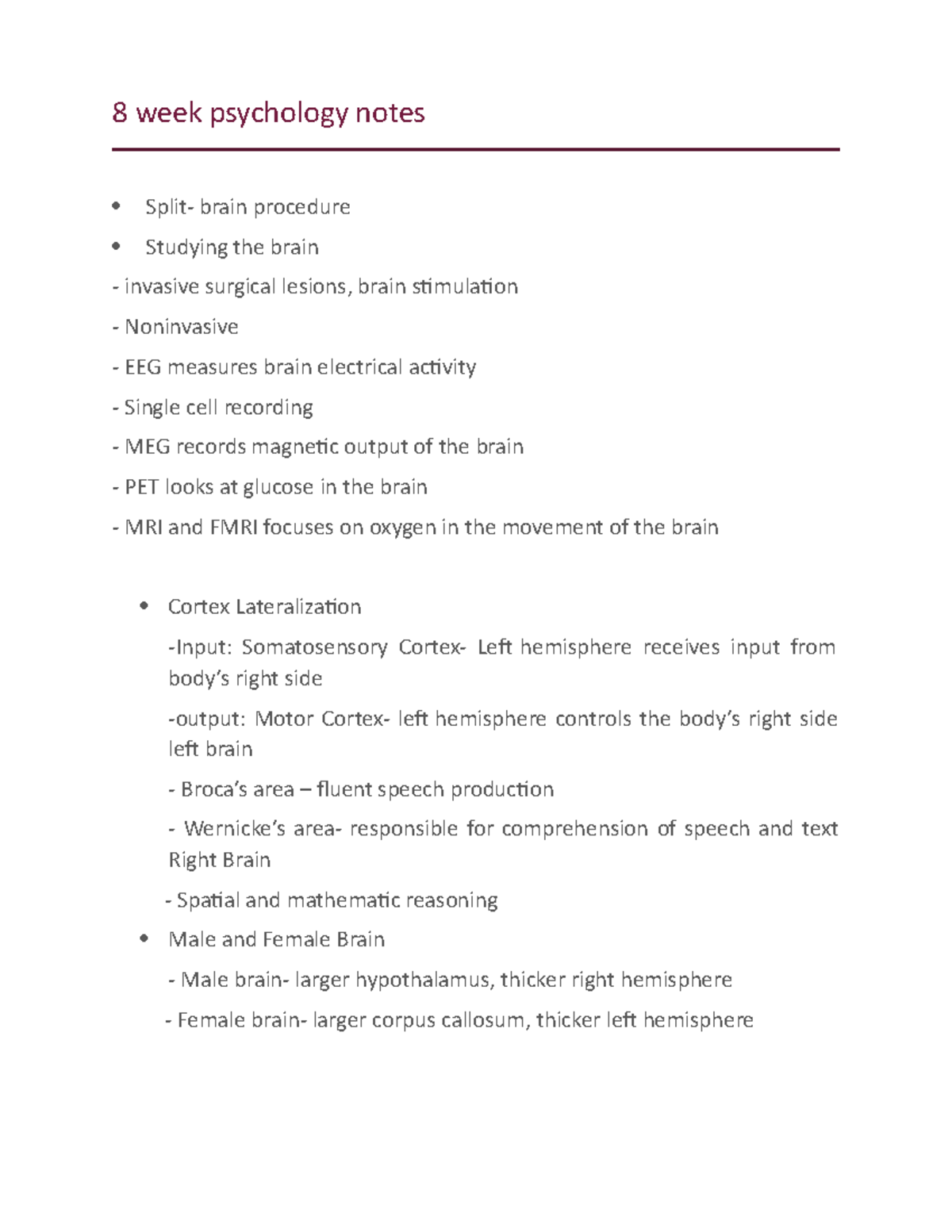 Psychology Notes - Mrs Prashad - 8 week psychology notes Split- brain ...