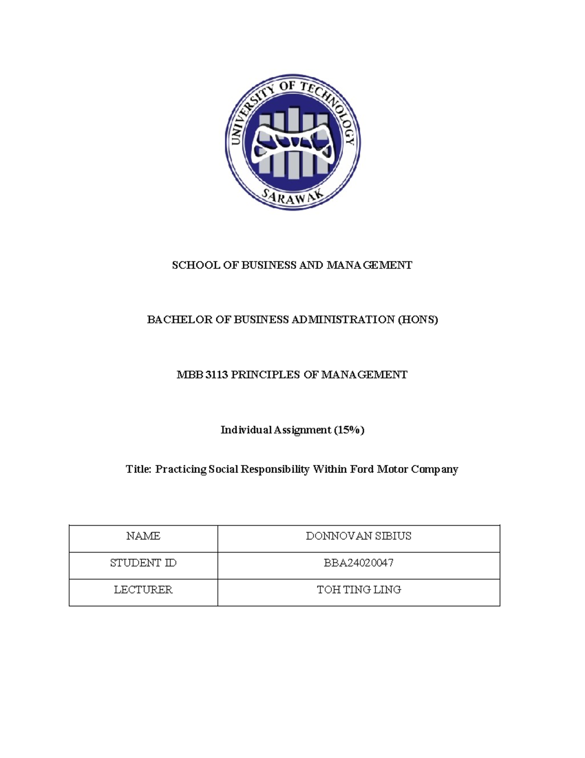 Principle of Management Individual Assignment II - SCHOOL OF BUSINESS ...