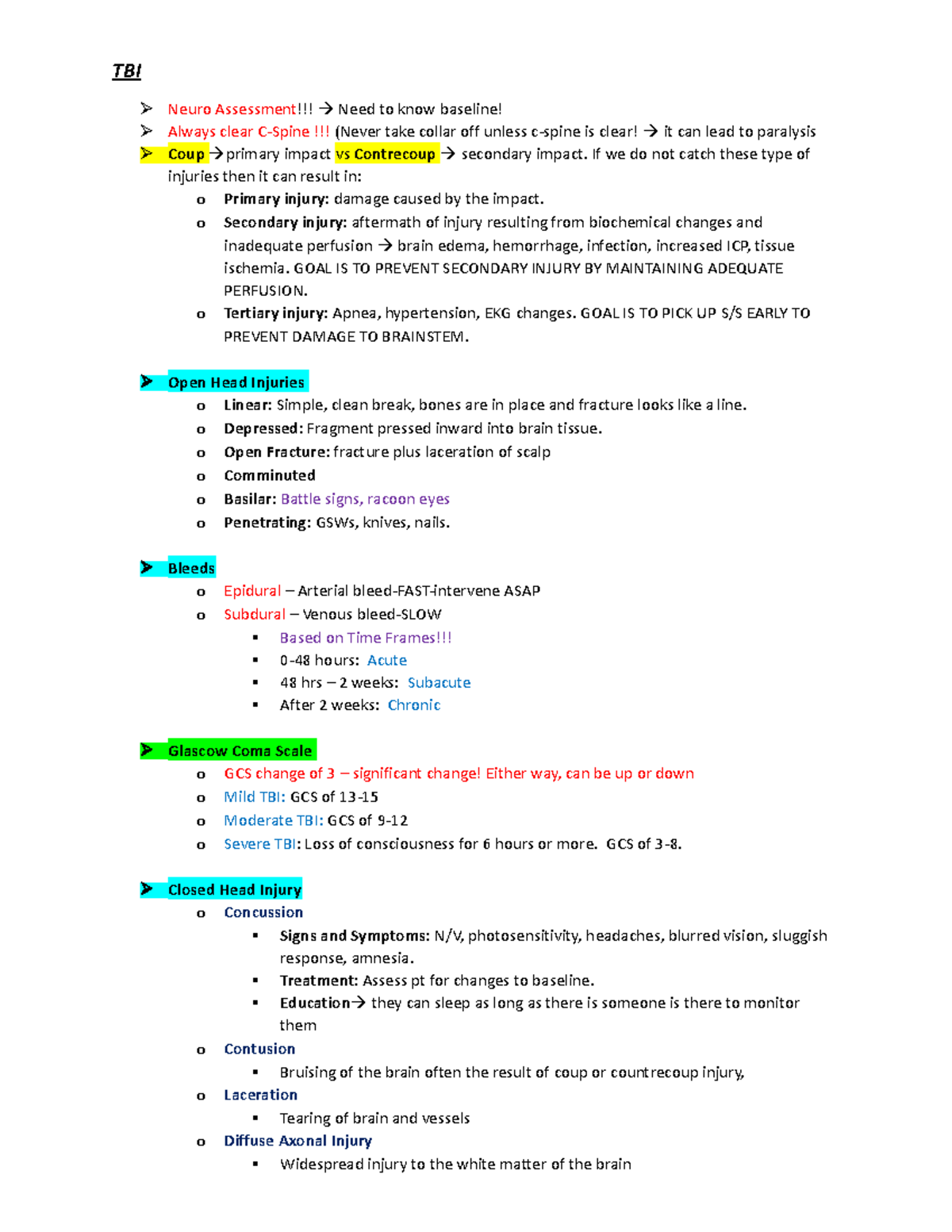 Highlights for Neuro Lectures - TBI Neuro Assessment!!! Need to know ...