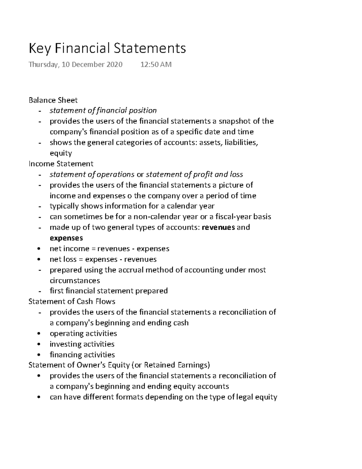 Key Financial Statements - Balance Sheet - statement of financial ...