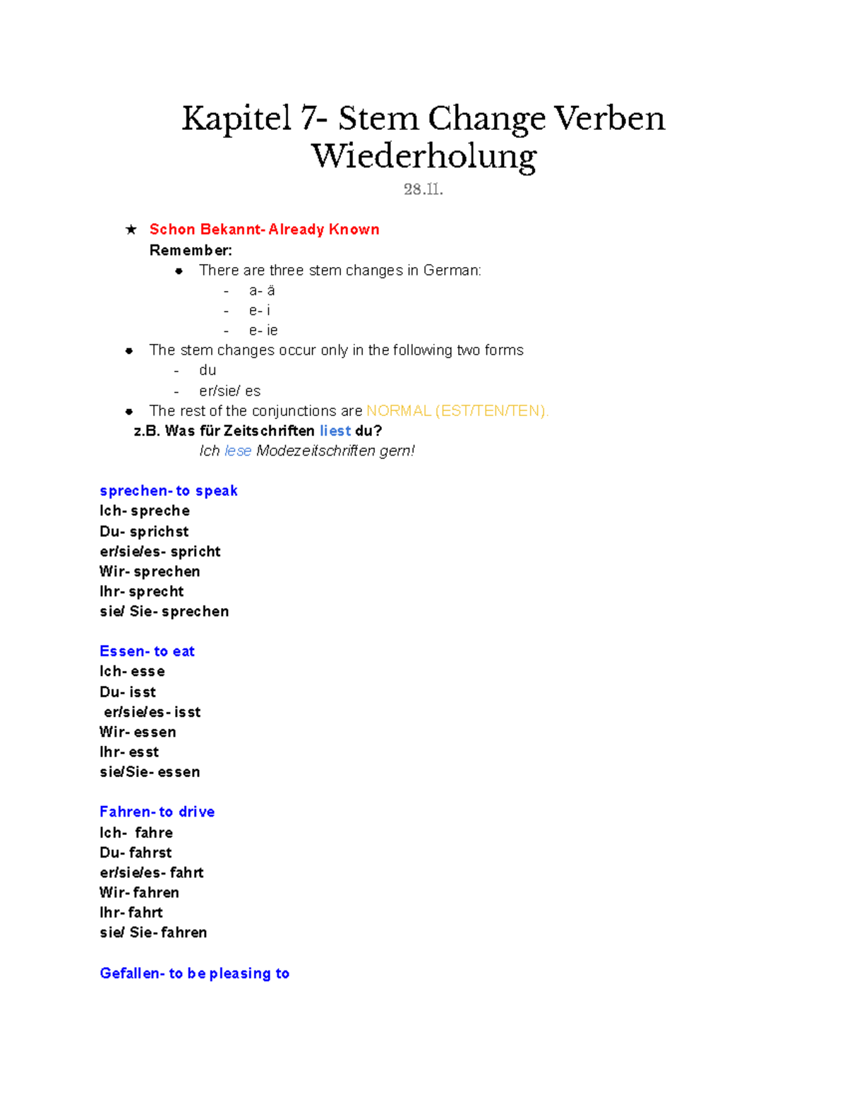 German Lecture Notes - Kapitel 7- Stem Change Verben Wiederholung 28 ...