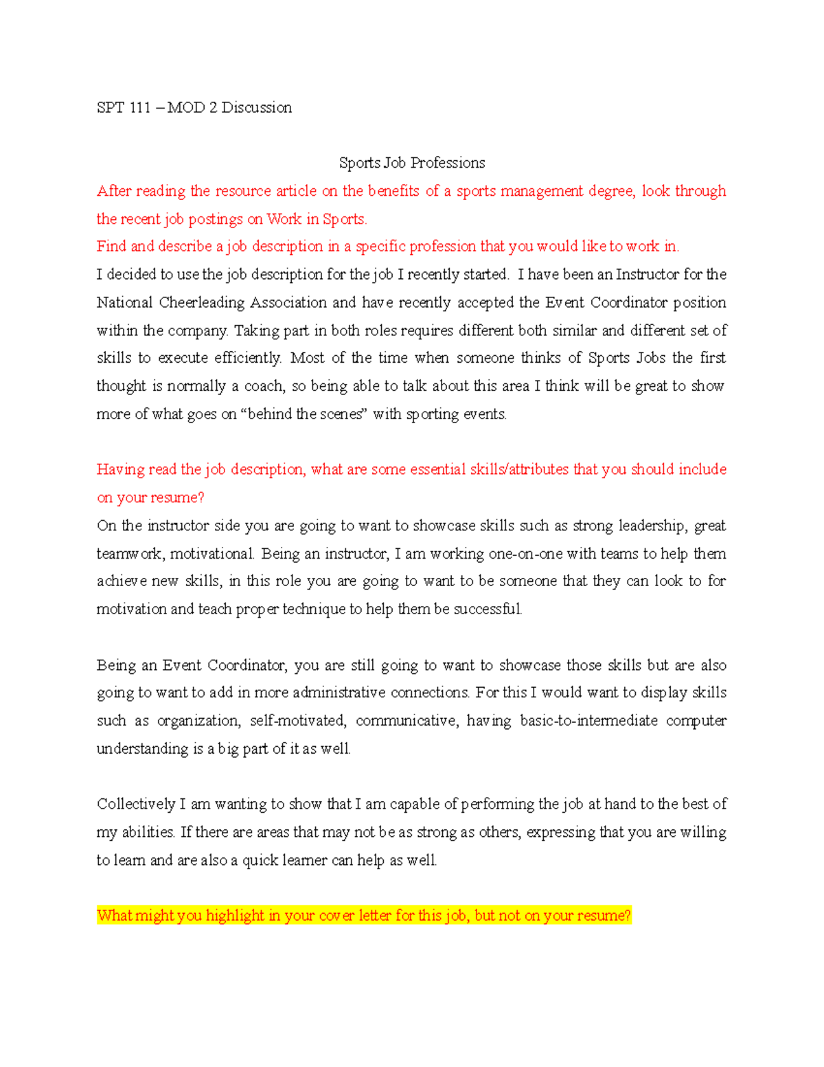 MOD 2 Discussion - SPT 111 – MOD 2 Discussion Sports Job Professions ...