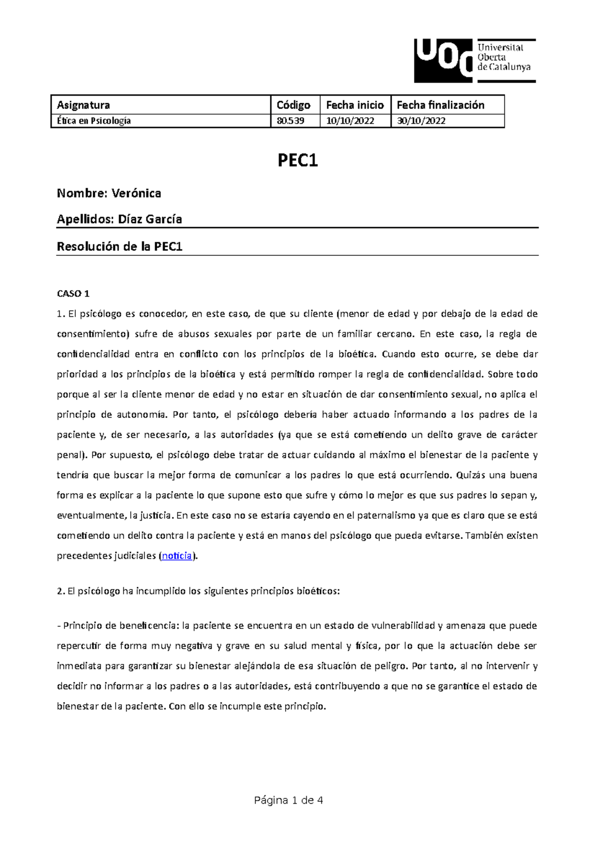 PEC 1 de Ética en Psicología del curso 22/23 con calificación B - Ética en Psicología 80 10/10 ...