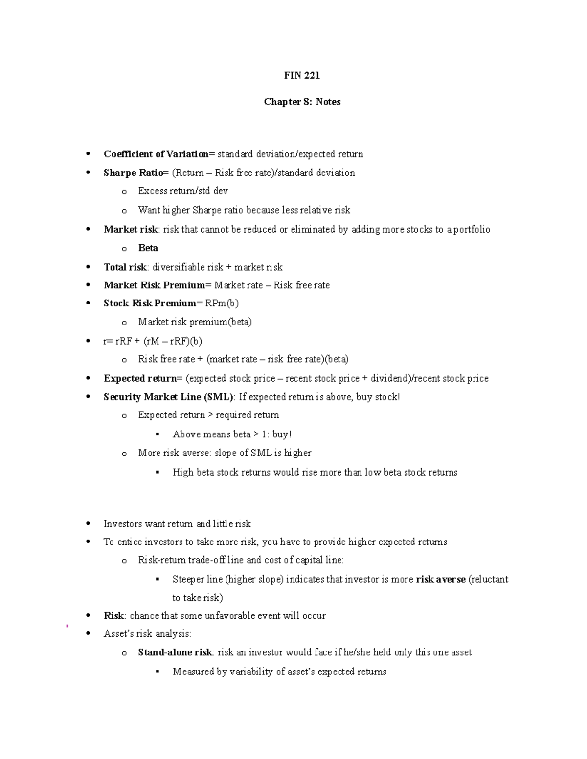 FIN 221 Chapter 8 - FIN 221 Chapter 8: Notes Coefficient of Variation ...