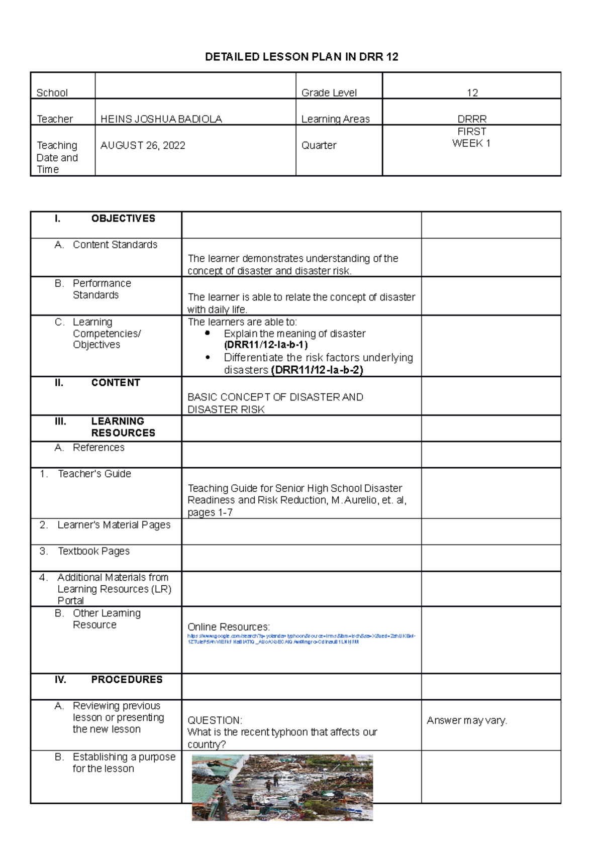 DLP IN DRR Heins - daily lesson plan - DETAILED LESSON PLAN IN DRR 12 School Grade Level 12 ...