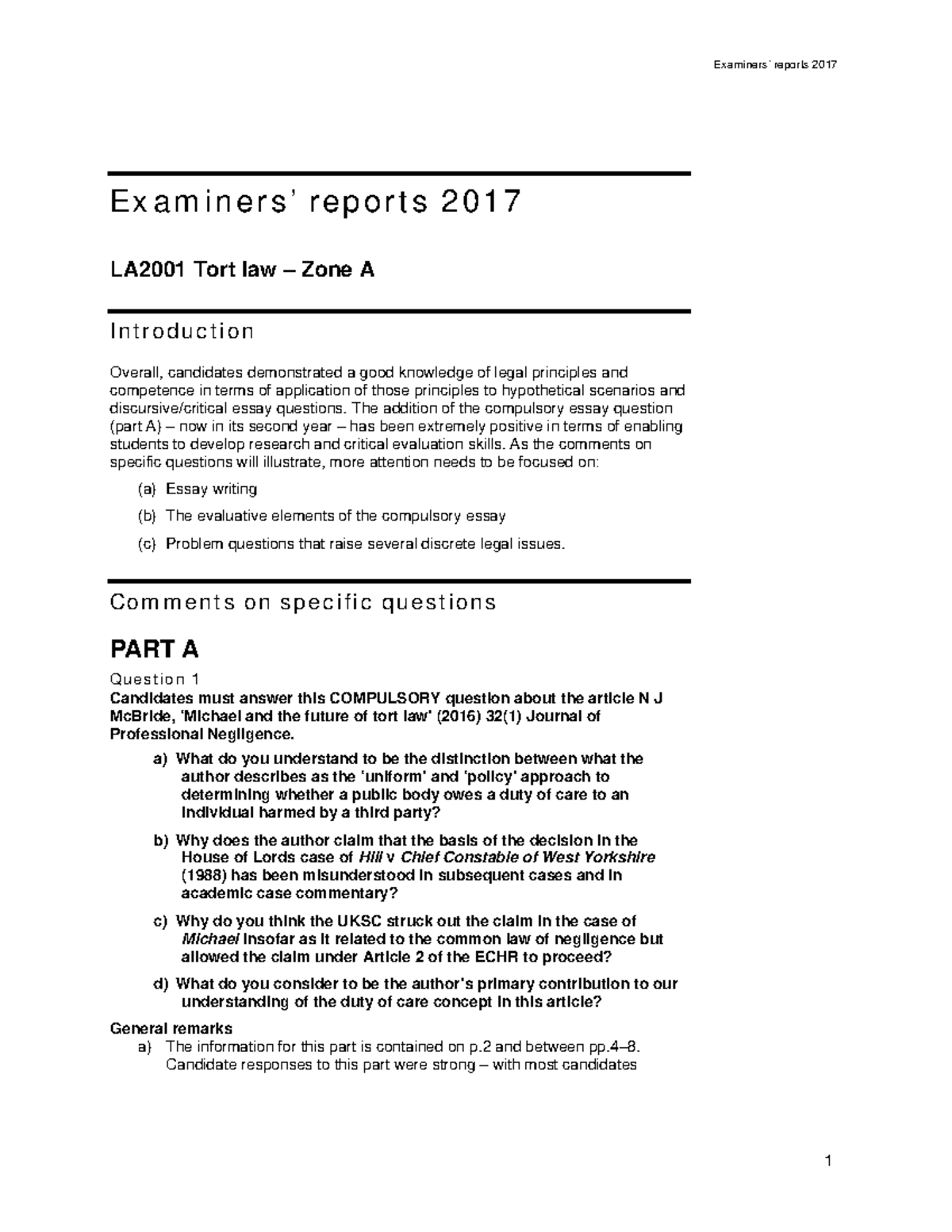 Tort report 2017 A - Examiners’ reports 2017 Examiners’ reports 2017 ...