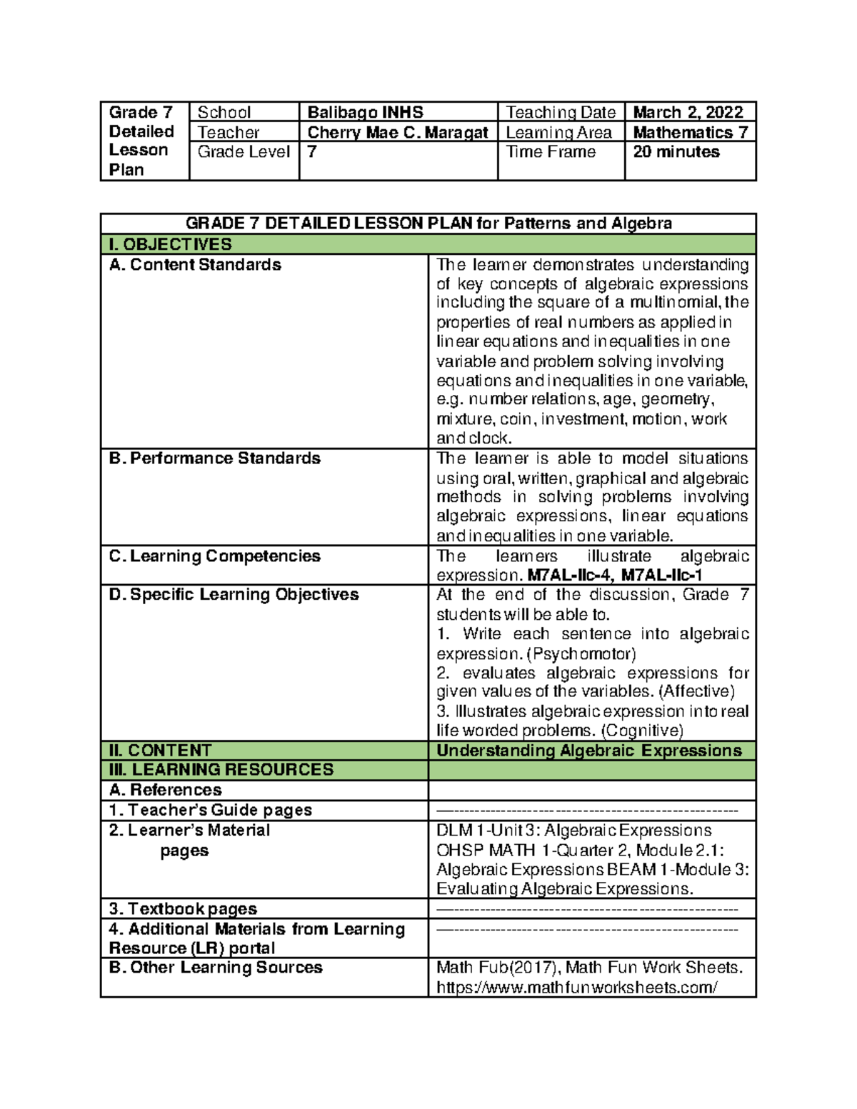 Maragat Finals Detailed LP - Grade 7 Detailed Lesson Plan School ...