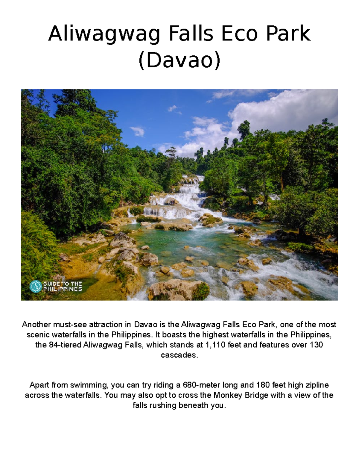 Aliwagwag Falls Eco Park - It boasts the highest waterfalls in the Philippines, the 84-tiered ...