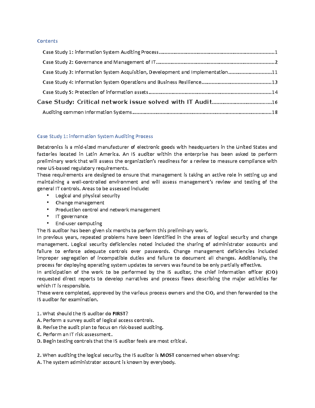 Case Studies - Contents Case Study 1: information System Auditing - Studocu