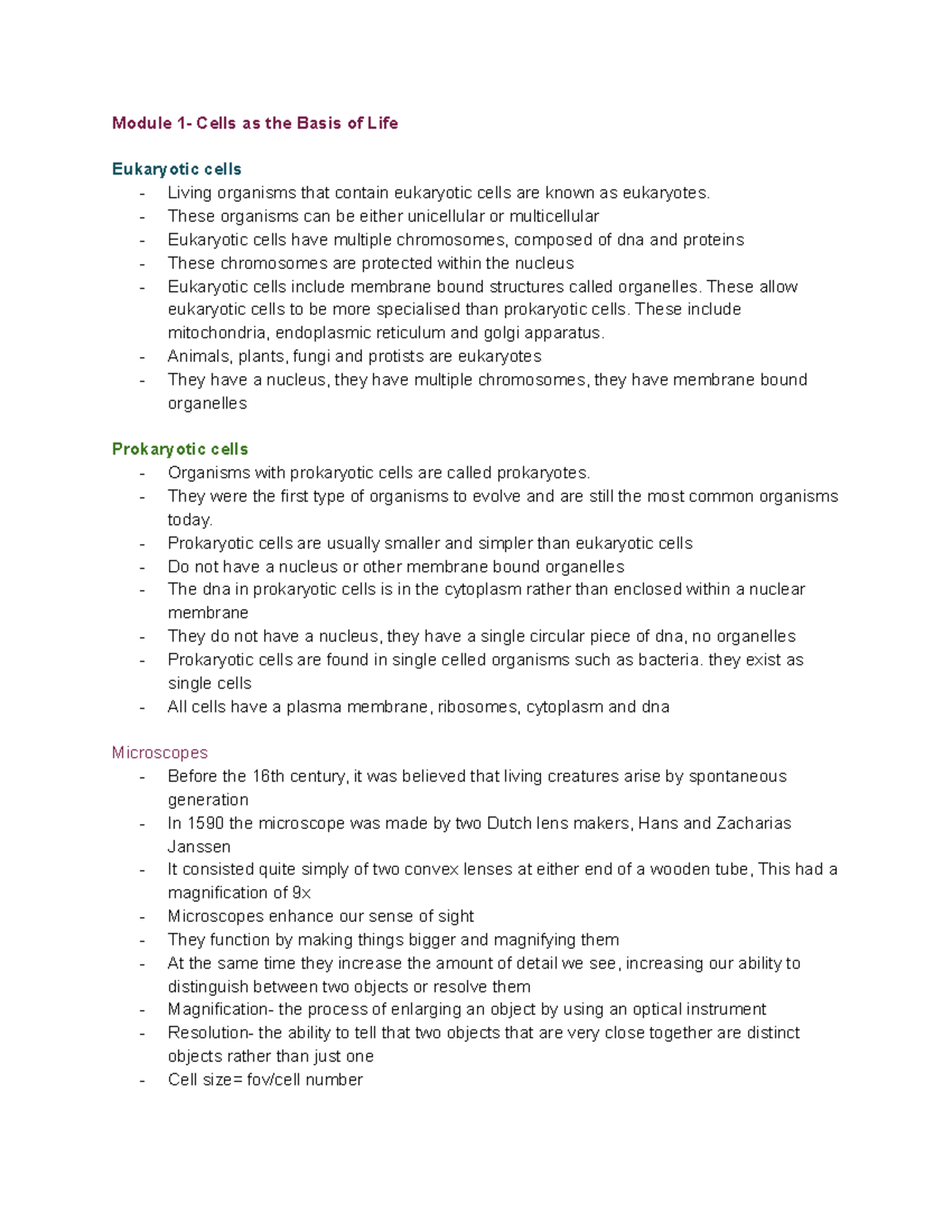 Biology Notes - Module 1- Cells as the Basis of Life Eukaryotic cells ...