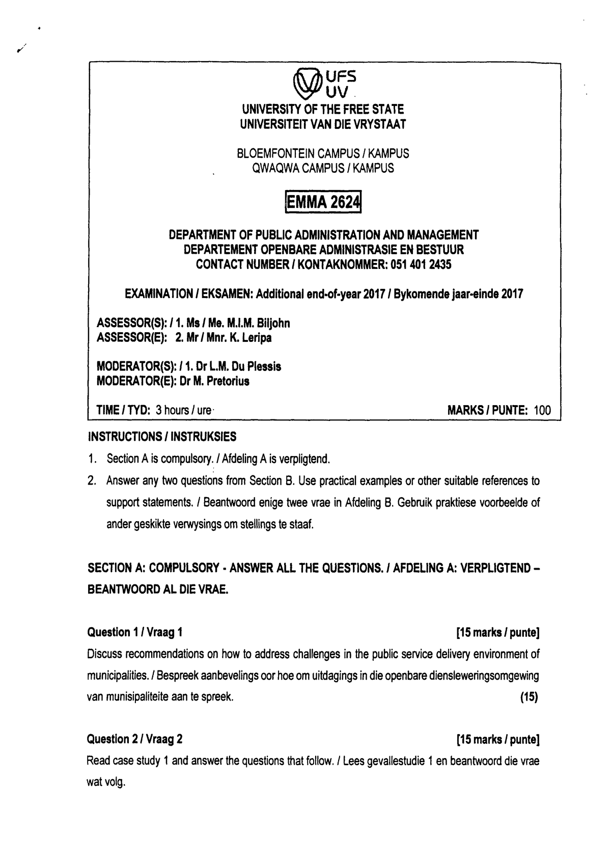 Emma2624 2017 additional final exam - UFS UV UNIVERSITY OF THE FREE ...