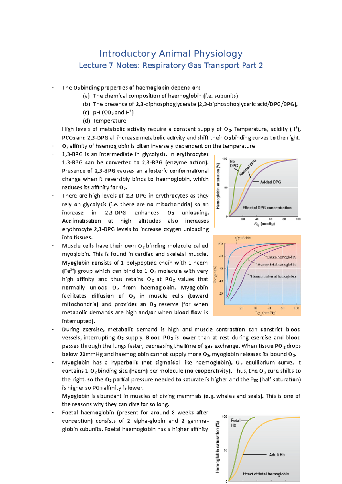 Lecture 7 Notes (Respiratory Gas Transport) - Introductory Animal ...