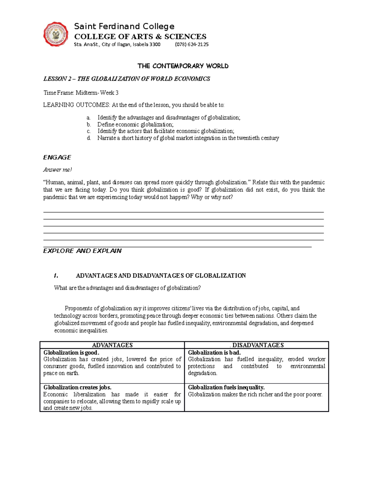 Lesson 2 - THE GLOBALIZATION OF WORLD ECONOMICS - Saint Ferdinand ...