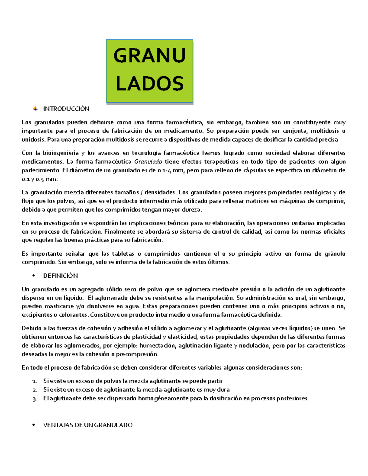 Granulados Trabajo Final - INTRODUCCIÓN Los granulados pueden definirse ...