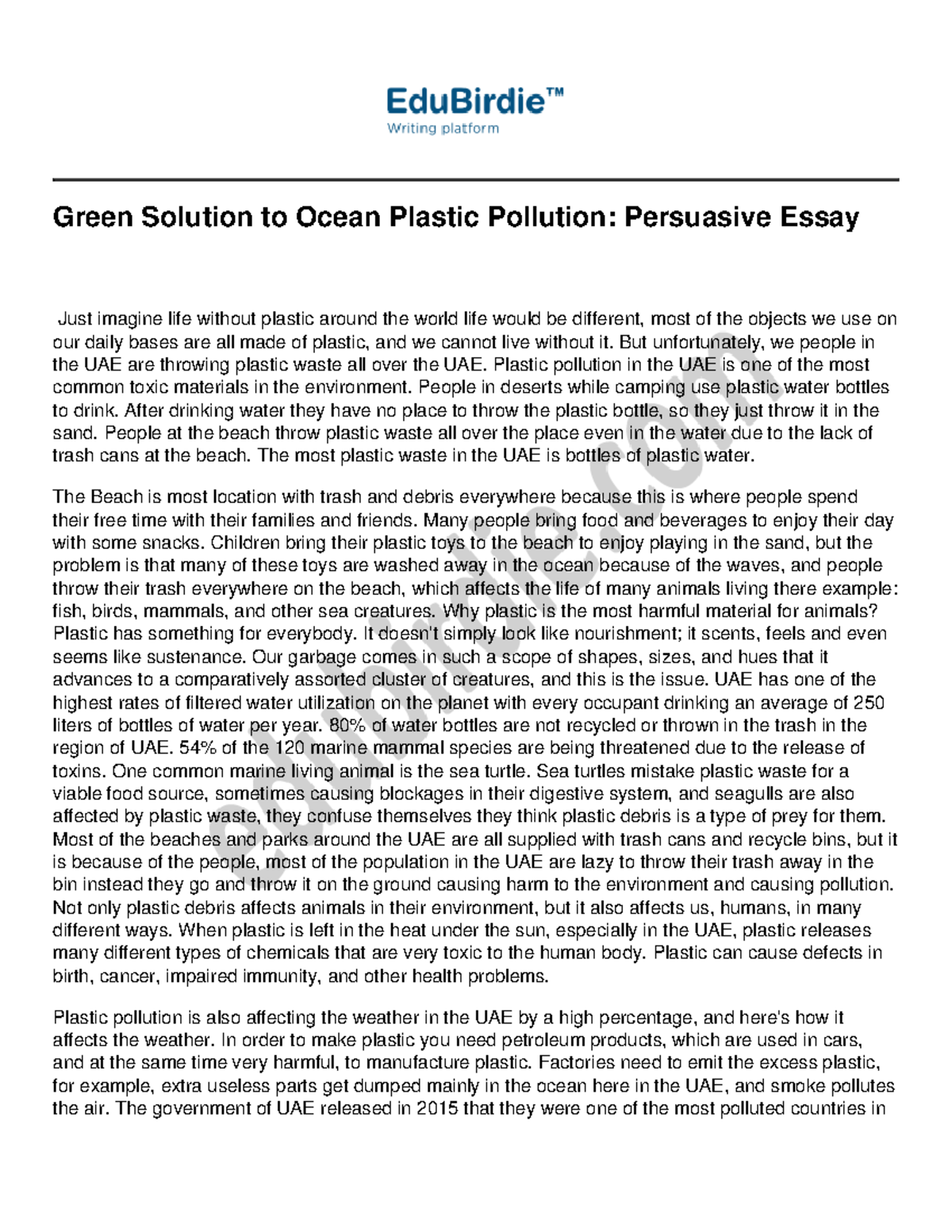 Green Solution to Ocean Plastic Pollution Persuasive Essay - But ...