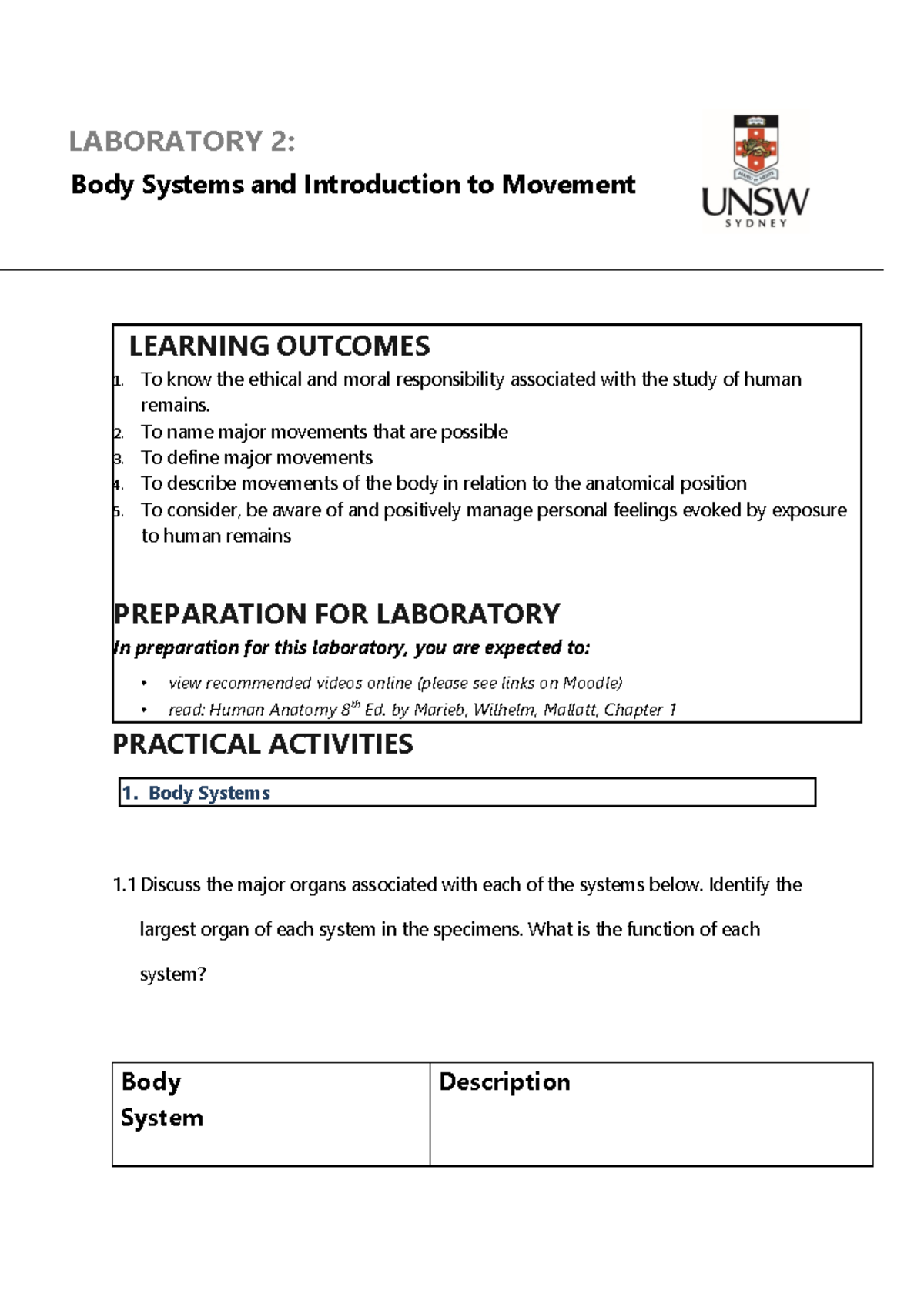 Lab 2 - introductory anatomy - LEARNING OUTCOMES To know the ethical ...
