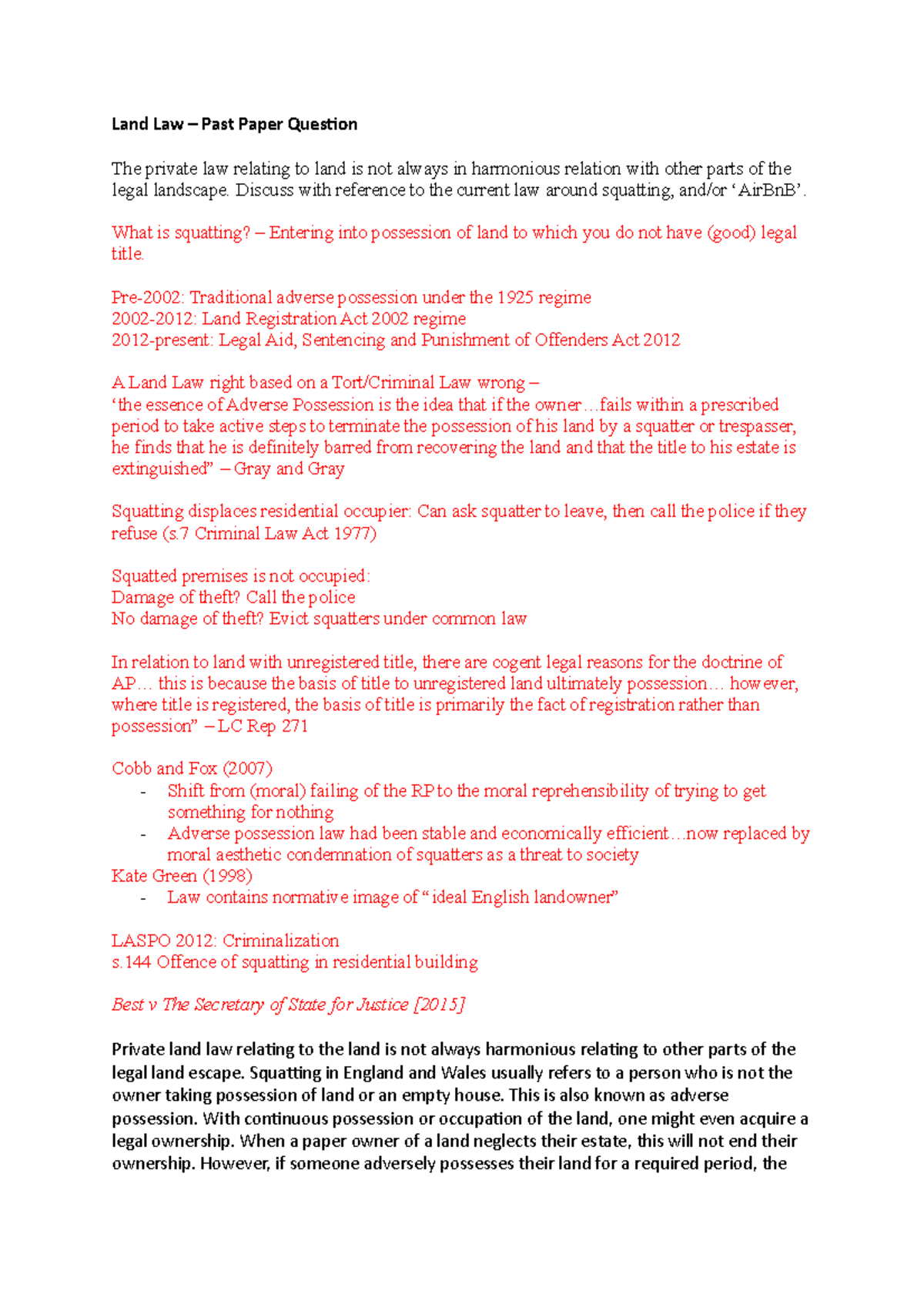 Land Law – Past Paper Question 1 - Land Law – Past Paper Question The ...