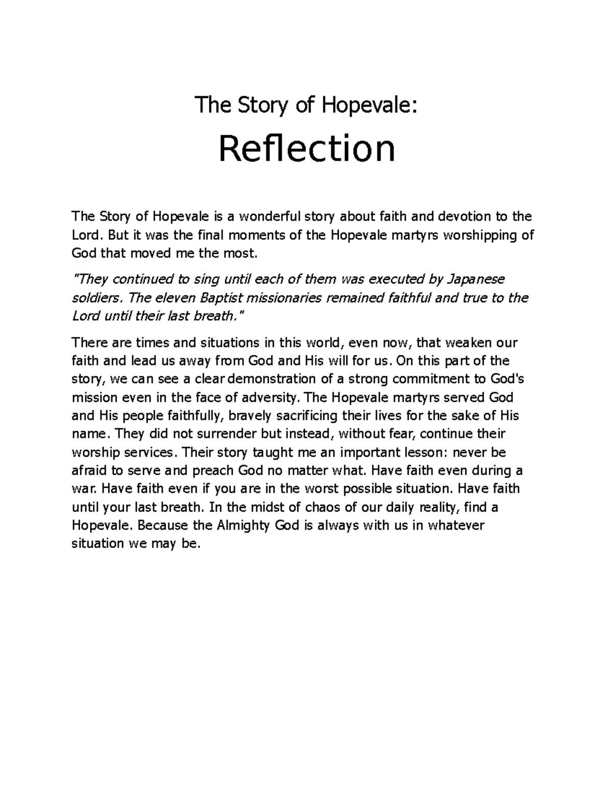 The Story of Hopevale - The Story of Hopevale: Reflection The Story of ...