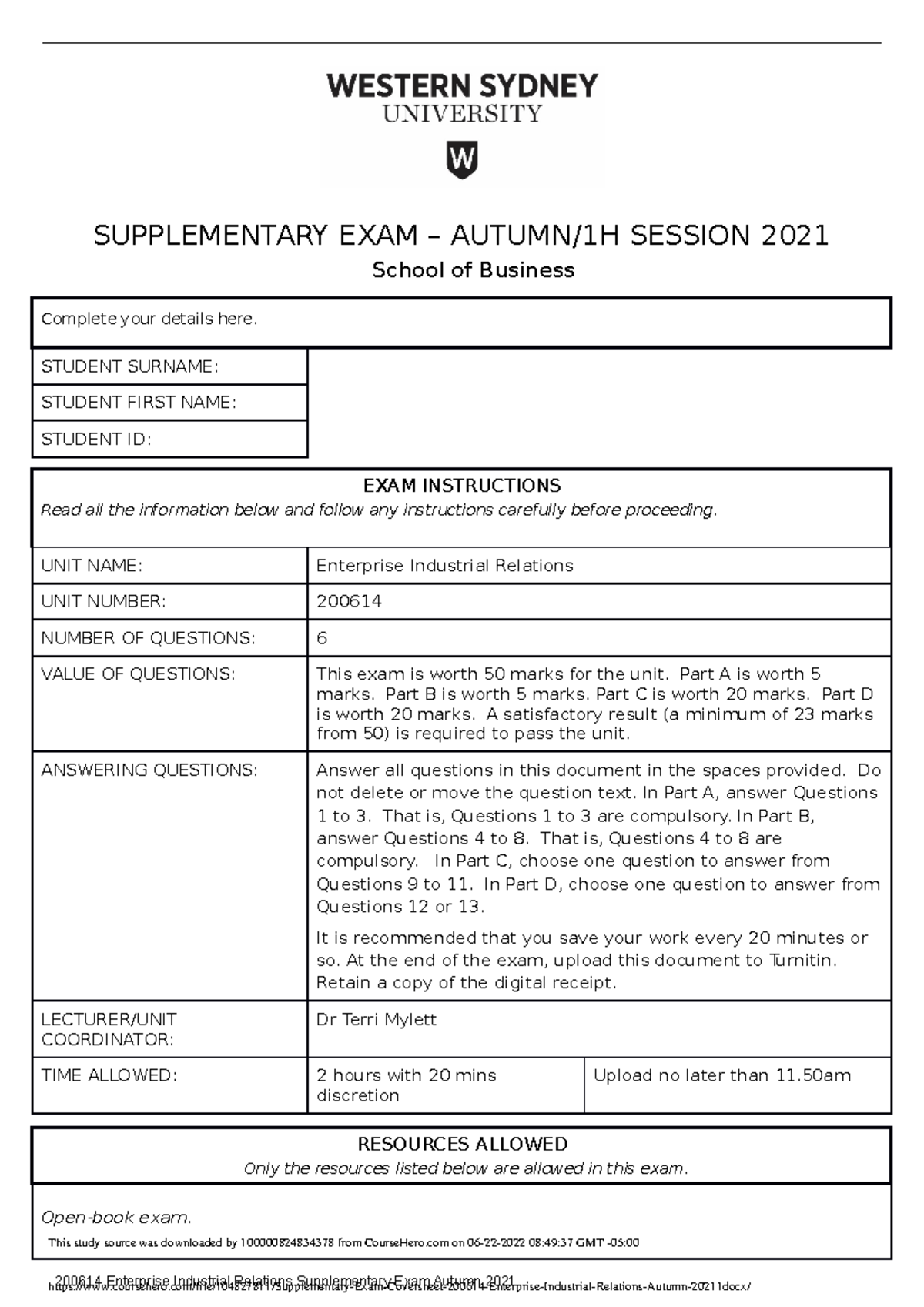Supplementary Exam Coversheet 2006 14 Enterprise Industrial Relations ...