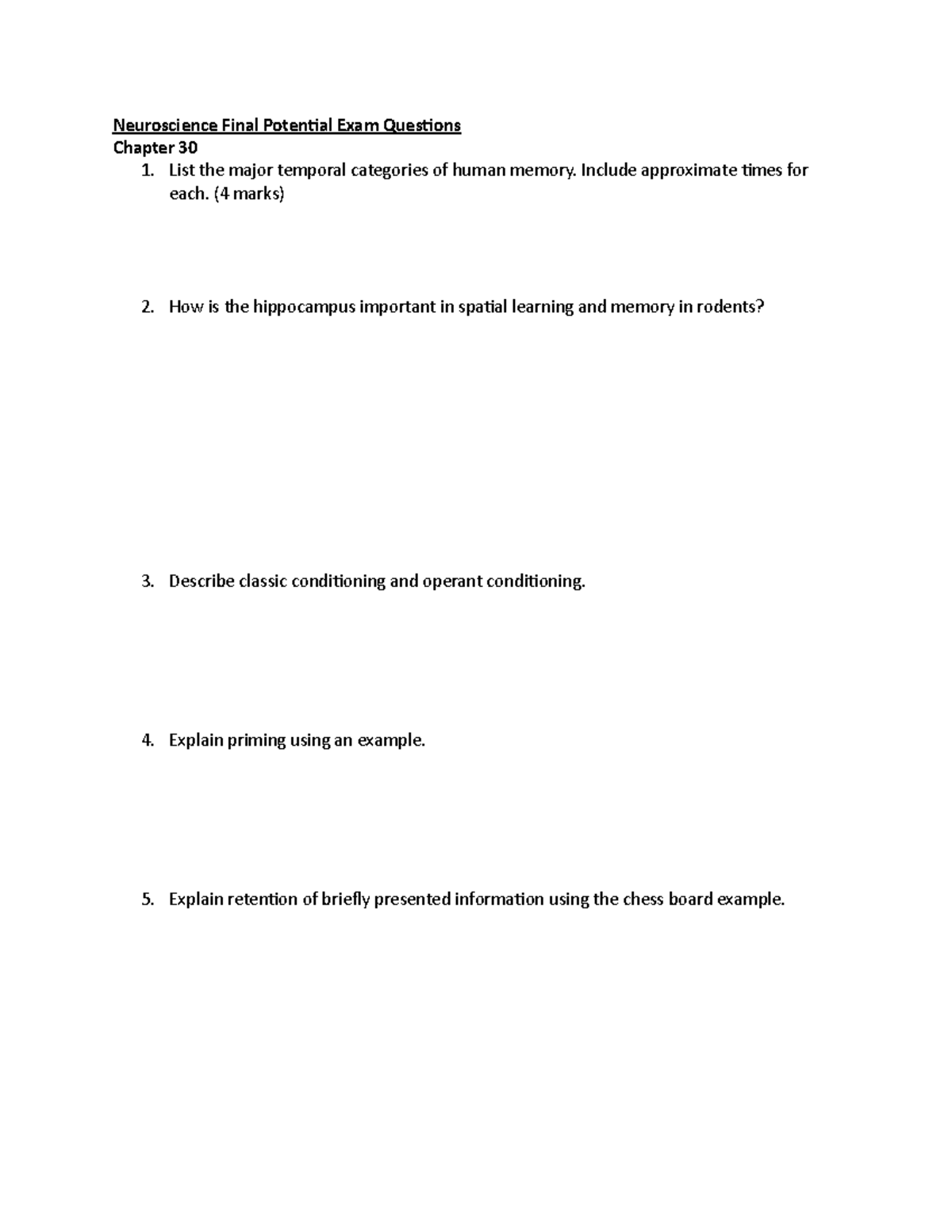 Neuroscience Final Potential Exam Questions - Neuroscience Final ...