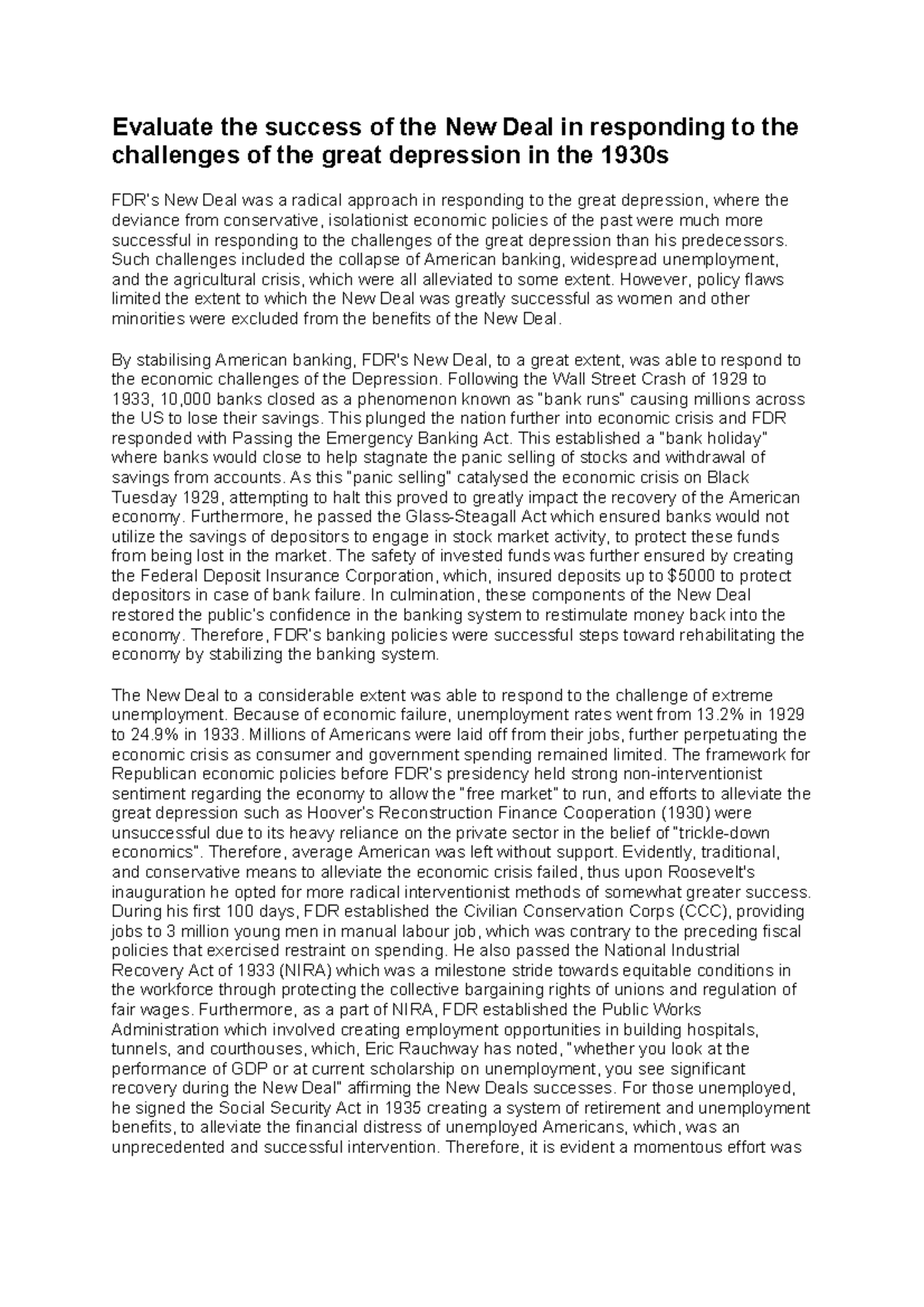 New Deal Essay - new deal - Evaluate the success of the New Deal in ...