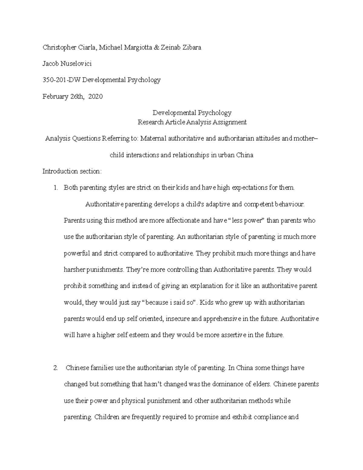 Developmental Psychology Final Assignment - Christopher Ciarla, Michael ...