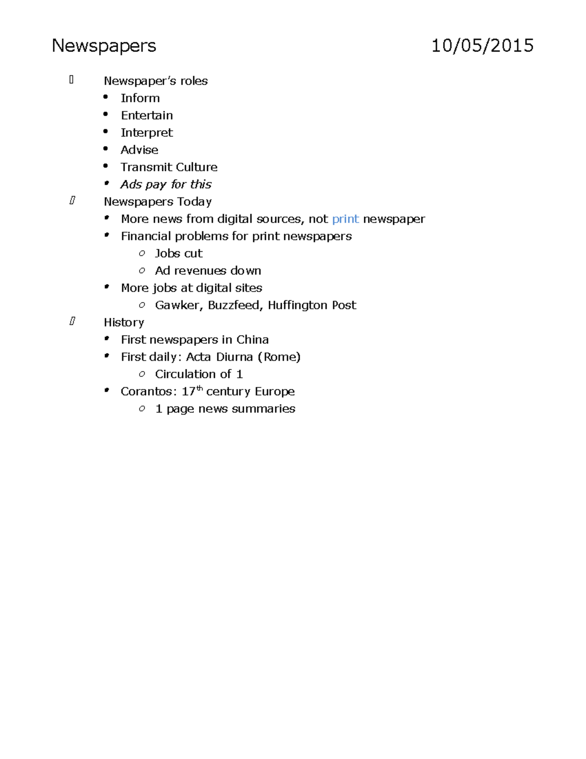 Unit 2 Notes - Newspapers Newspaper’s roles Inform Entertain Interpret ...