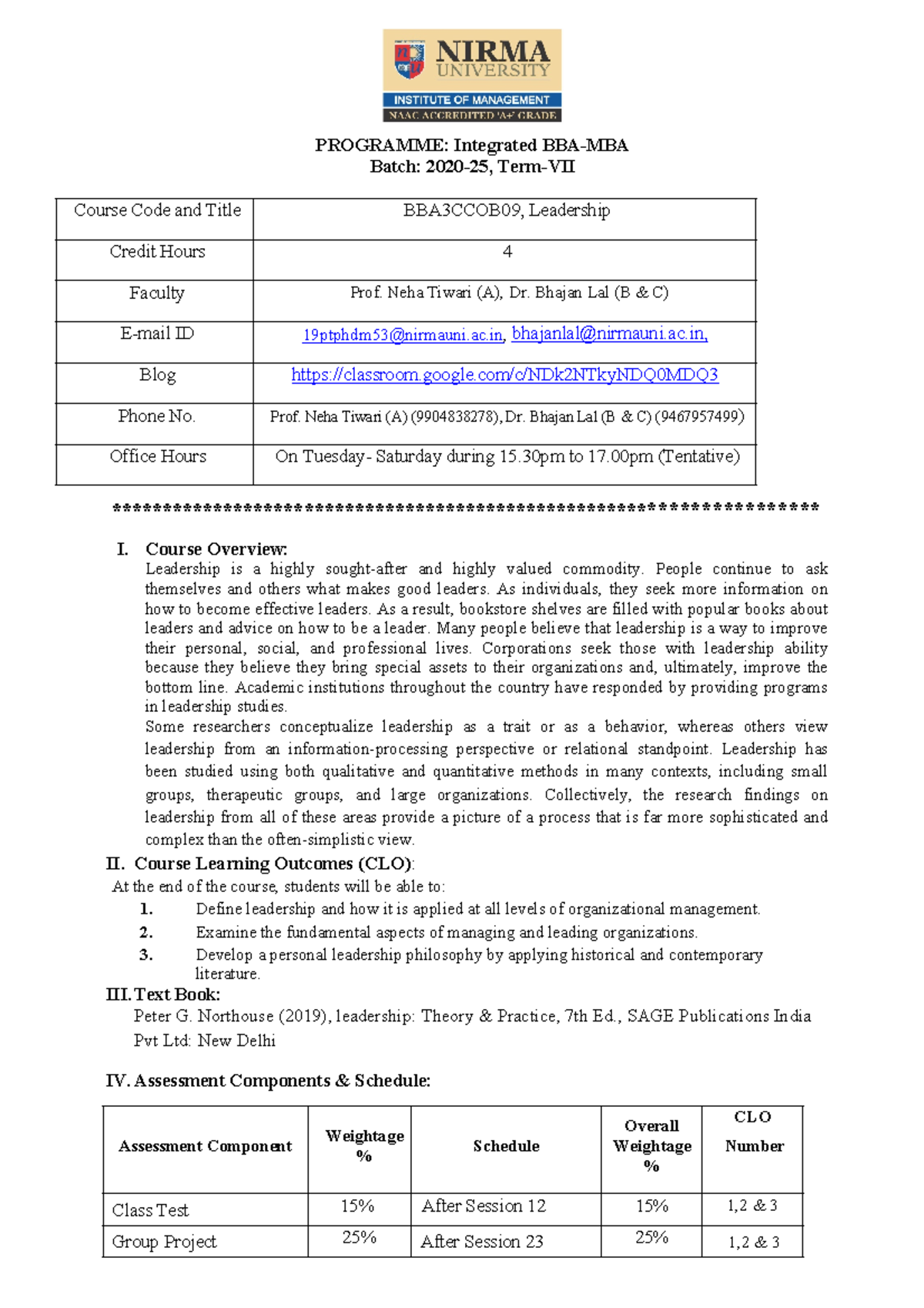 Course outline - PROGRAMME: Integrated BBA-MBA Batch: 2020-25, Term-VII ...