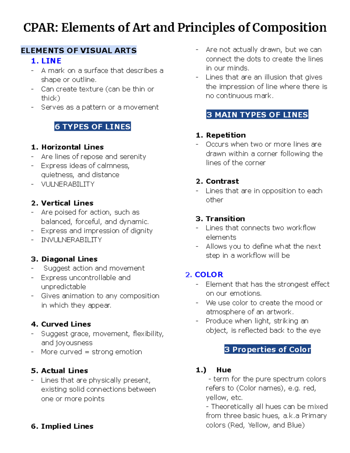 CPAR - Reviewer - hahha - ELEMENTS OF VISUAL ARTS 1. LINE A mark on a ...