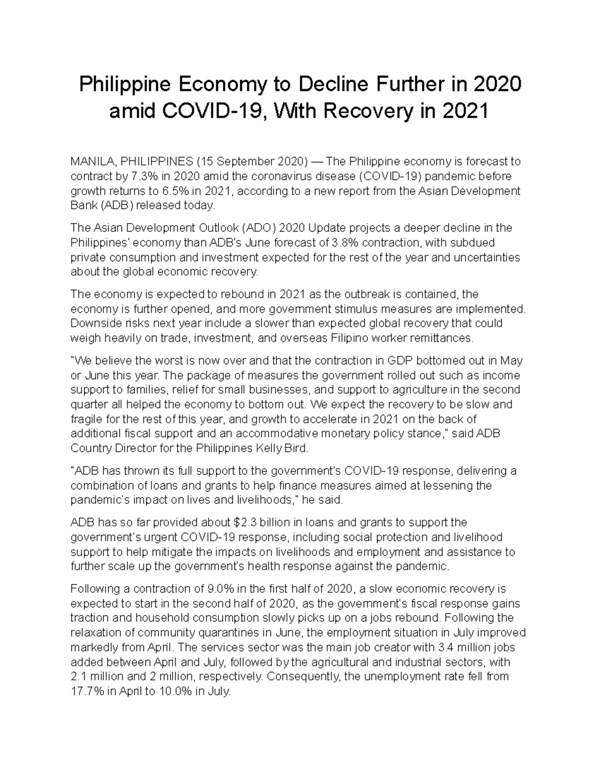 Article of Global Economy - Philippine Economy to Decline Further in ...