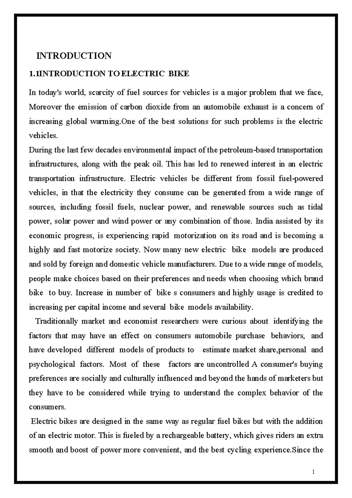 M. Com project work - INTRODUCTION 1 TO ELECTRIC BIKE In today's world ...