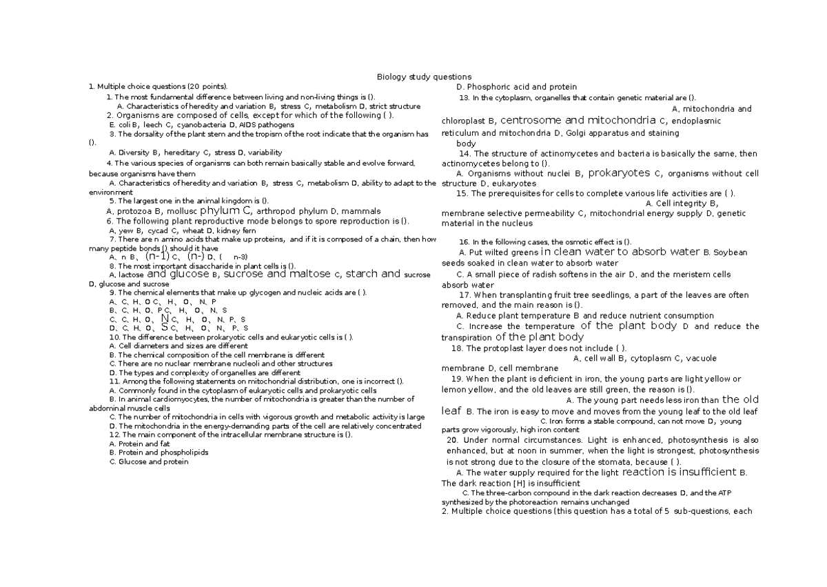 Biology study questions BIOL160 - Biology study questions 1. Multiple ...