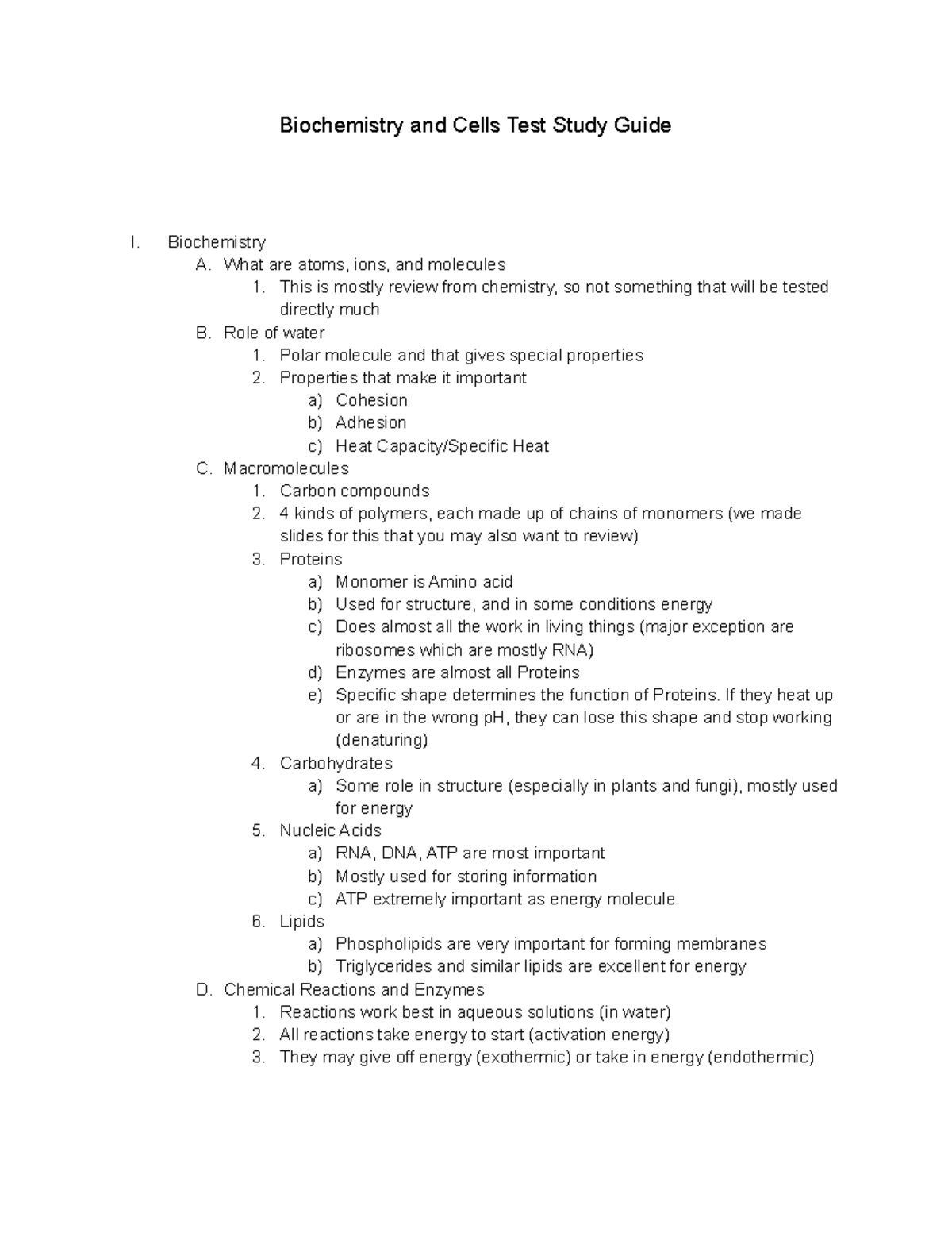 Copy of Biochemistry and Cells Test Study Guide 2020 - Biochemistry and ...