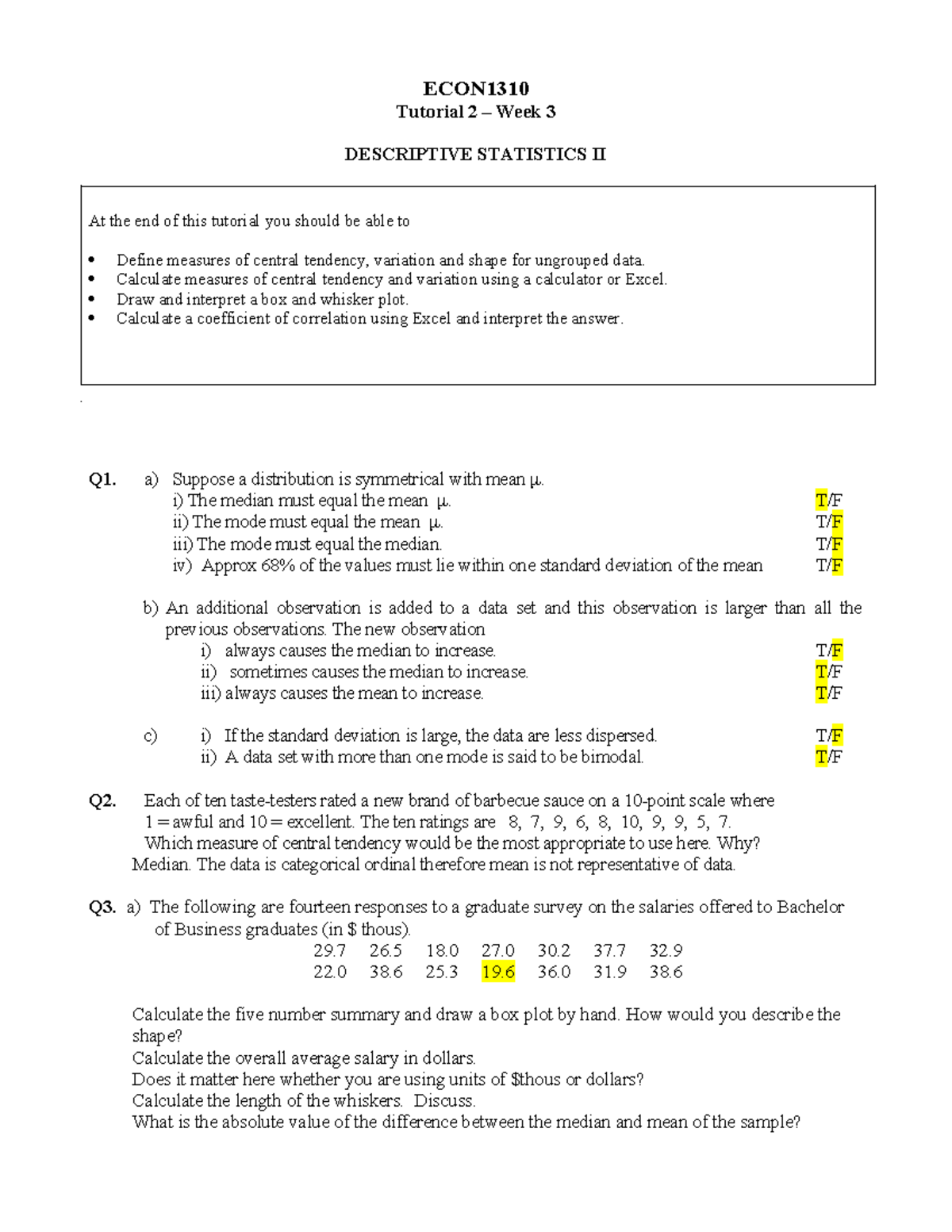 ECON1310 Tutorial 2 - tut 2 - ECON Tutorial 2 – Week 3 DESCRIPTIVE ...