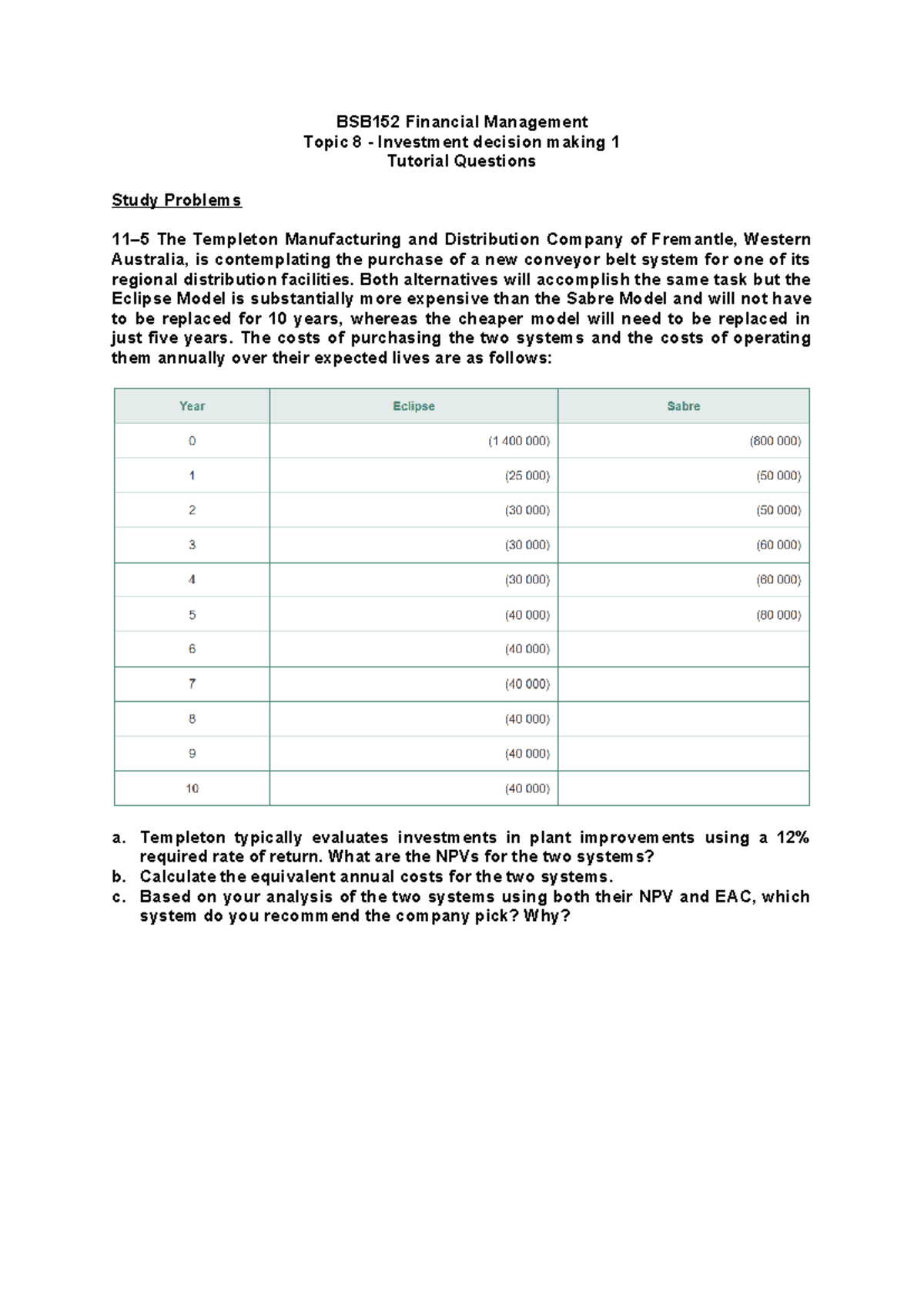 Tutorial 8 Questions - Question and Answers - BSB152 Financial ...