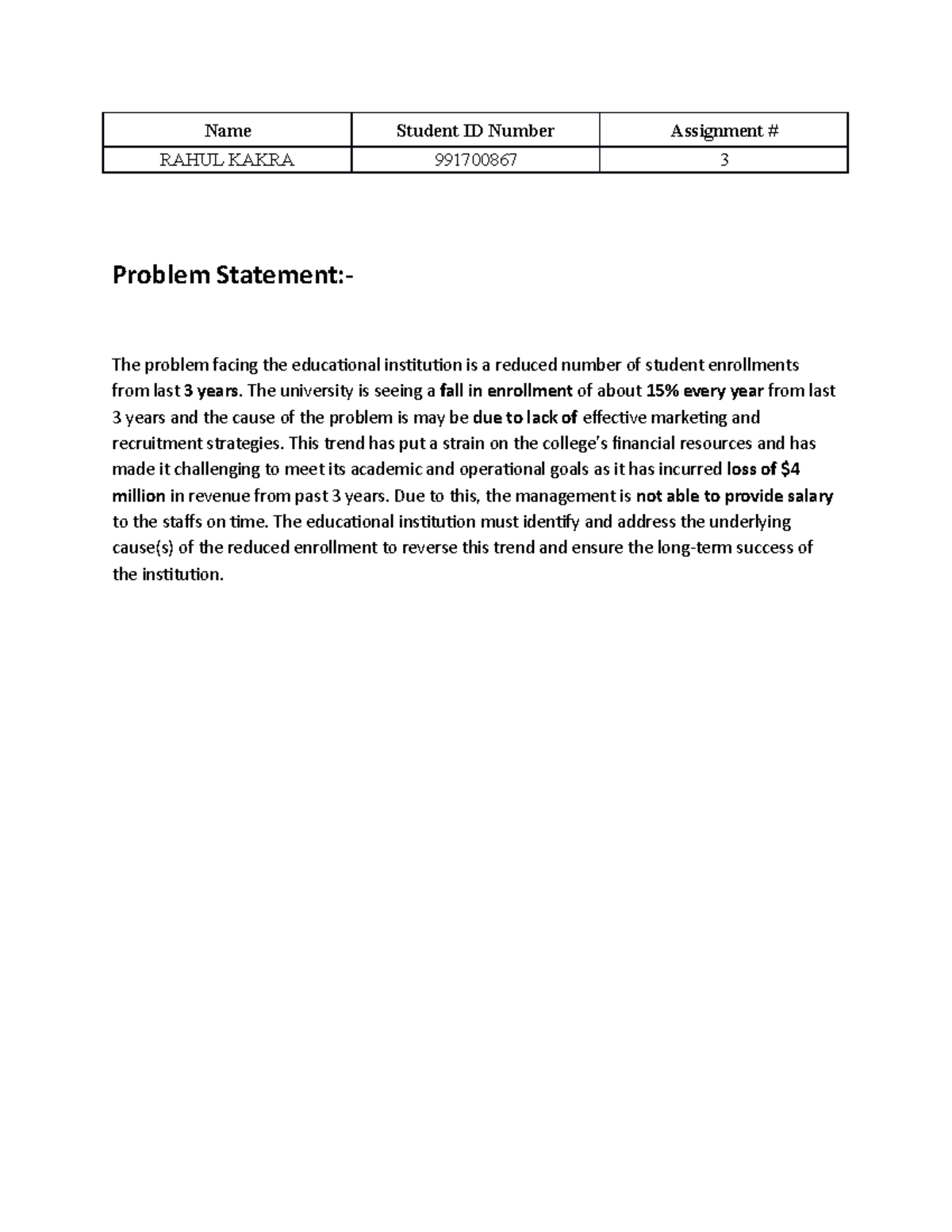 QUAL53273 Assignment 3 (Rahul Kakra) - Name Student ID Number Assignment # RAHUL KAKRA 991700867 ...