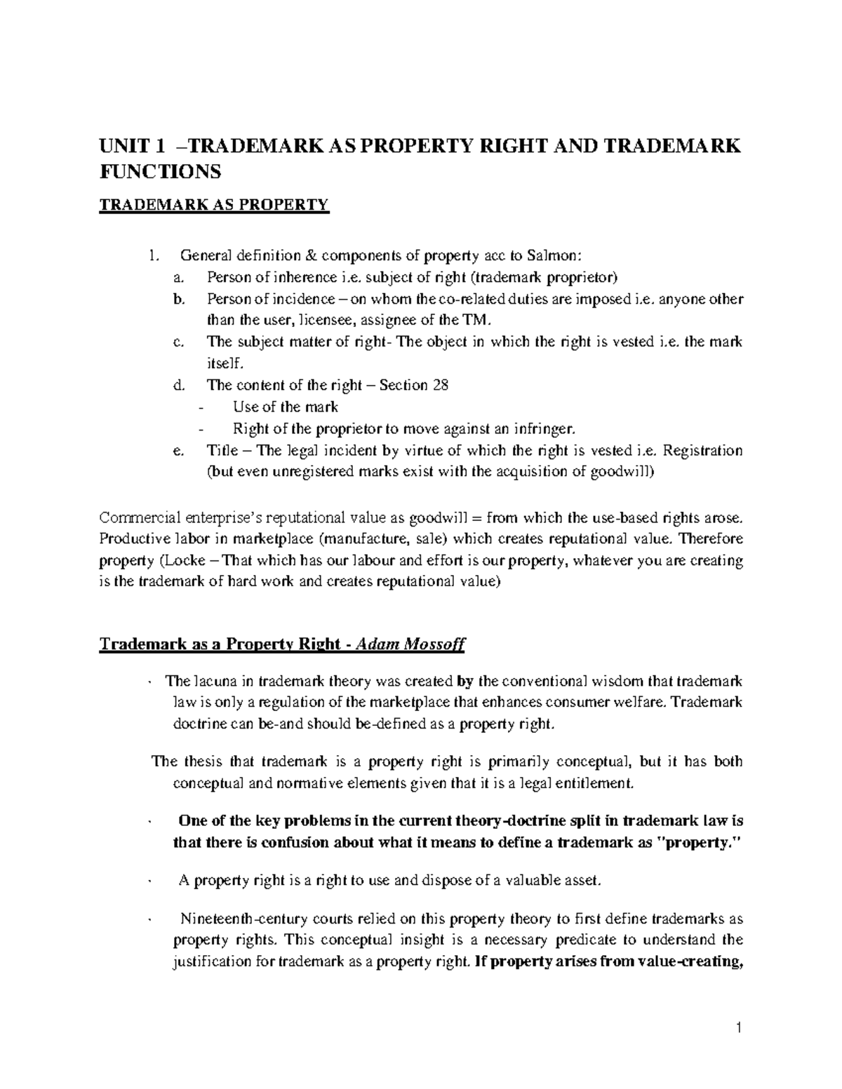 Trademarks notes Unit1 - Law Of Trademarks - Christ University - Studocu