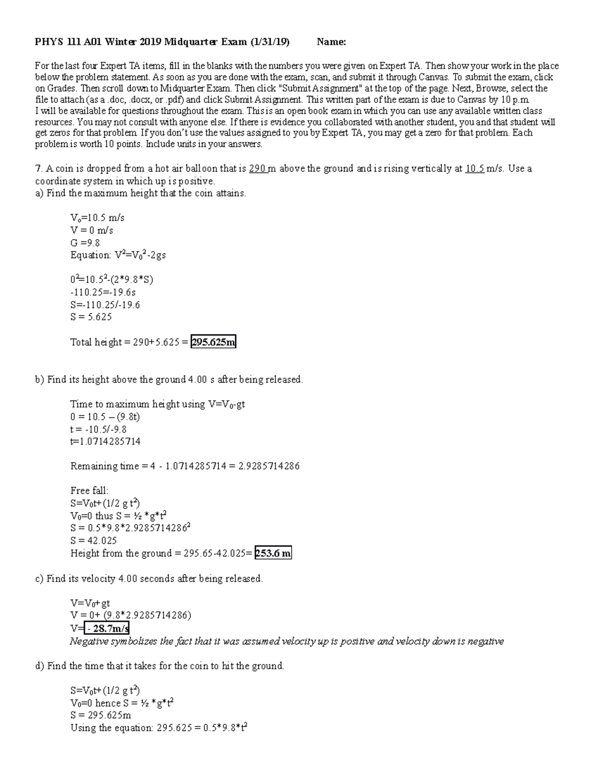 PHYS 111 midquarter exam 1191 - PHYS 111 A01 Winter 2019 Midquarter ...