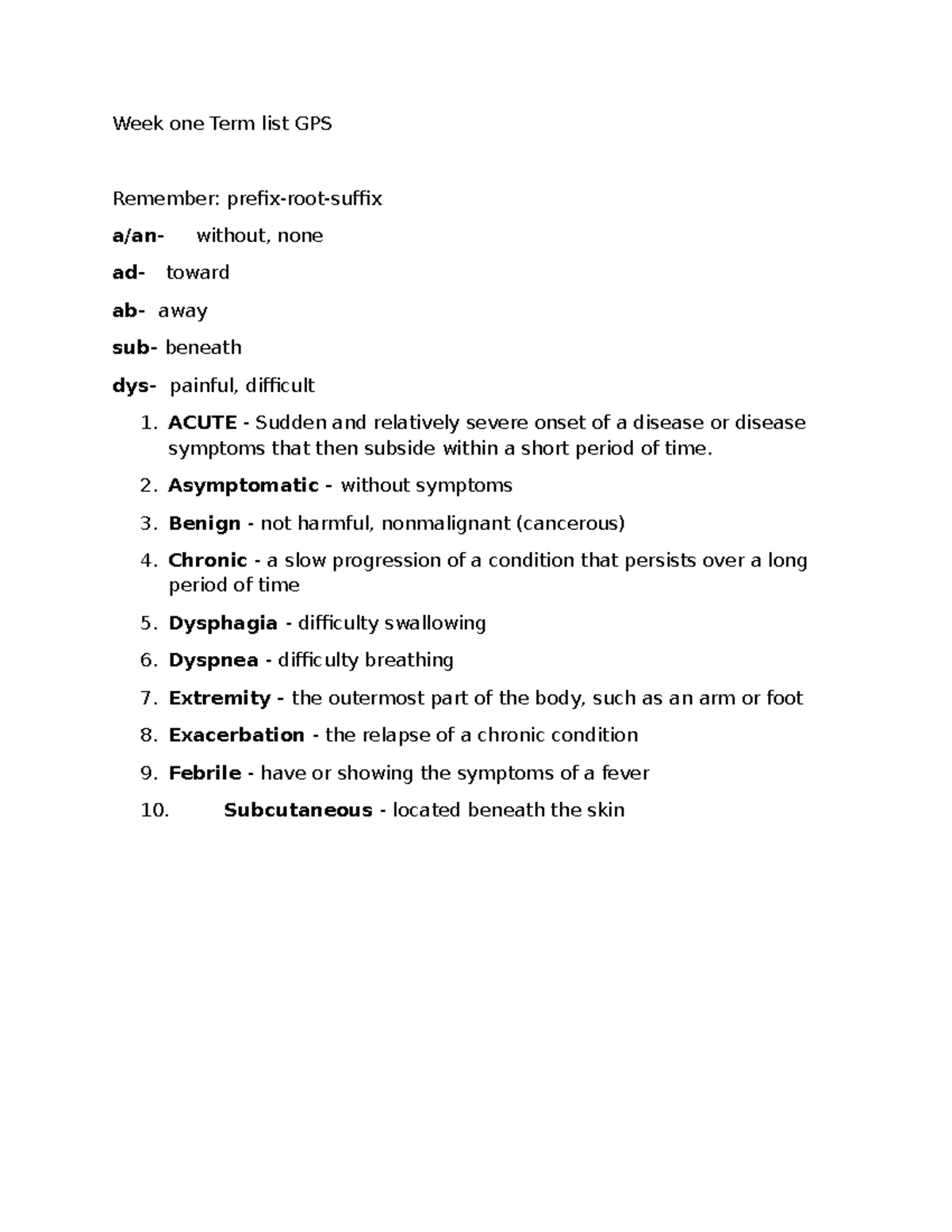 Week one Term list GPS and PNS - Week one Term list GPS Remember ...