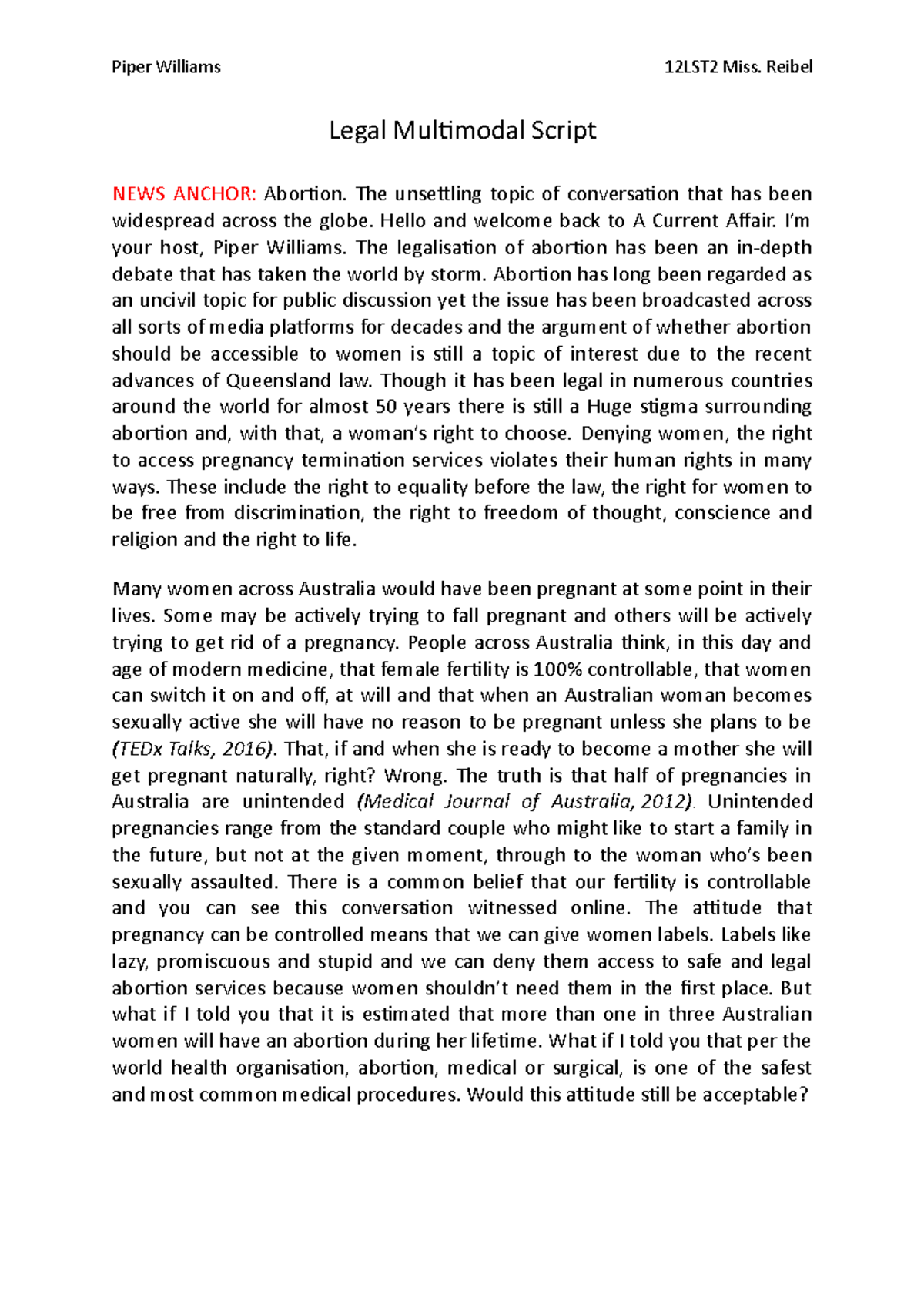 Legal Script Final - Legal Multimodal Script NEWS ANCHOR: Abortion. The ...