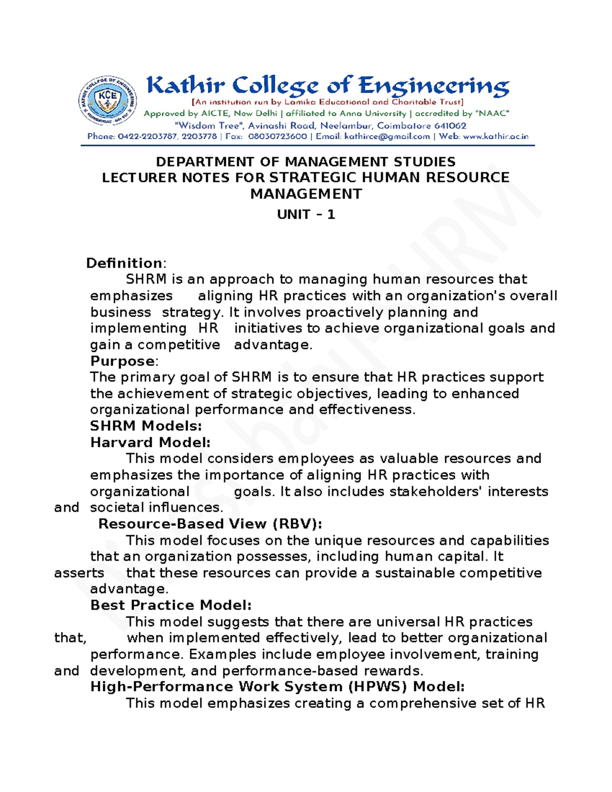 Strategic Human Resource Management- Notes - DEPARTMENT OF MANAGEMENT ...