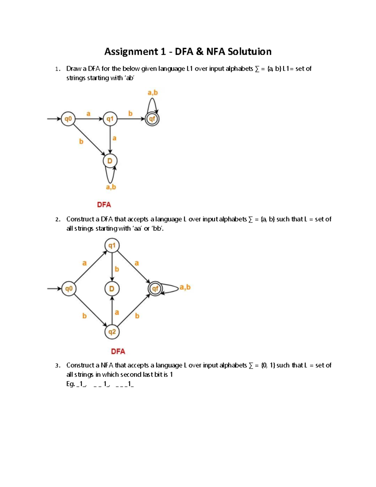 Assignment 3-Regular grammar & regular sets solution - Assignment 1 - DFA & NFA Solutuion Draw a ...