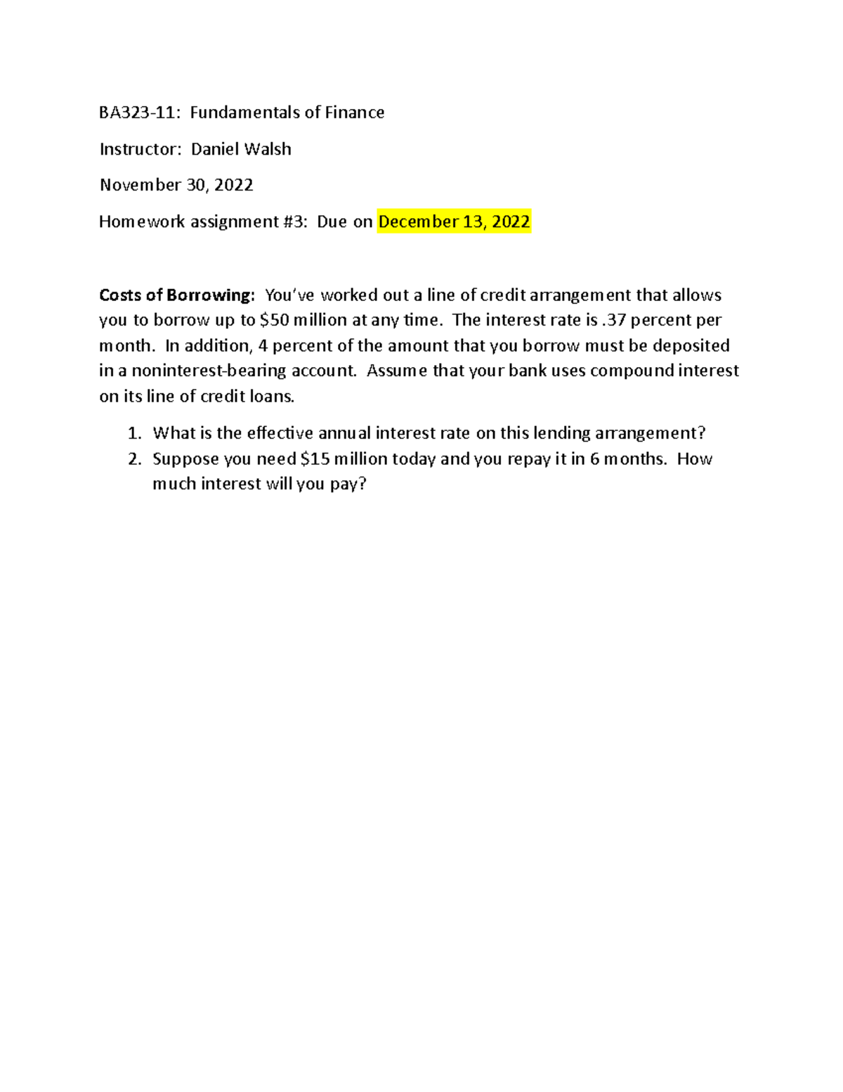 Homework Assignment 3 Distributed Ba323 11 Fundamentals Of Finance Instructor Daniel Walsh