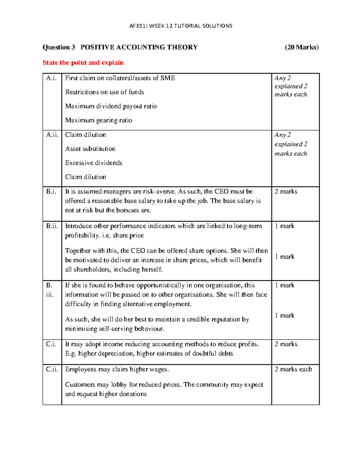 AF301 Week 12 Tutorial Solution - AF301: WEEK 1 2 TUTORIAL SOLUTIONS Question 3 POSITIVE ...