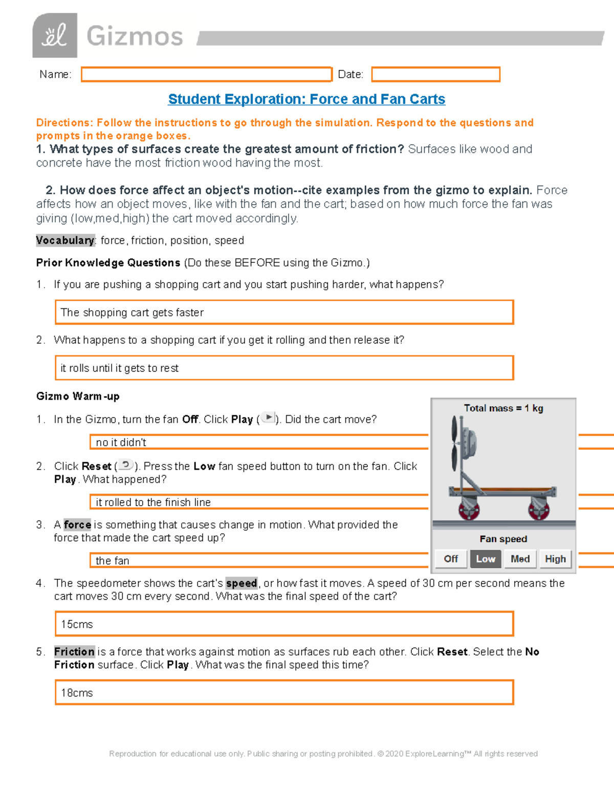 Force Fan Carts SE Gizmo Name Date Student Exploration Force And