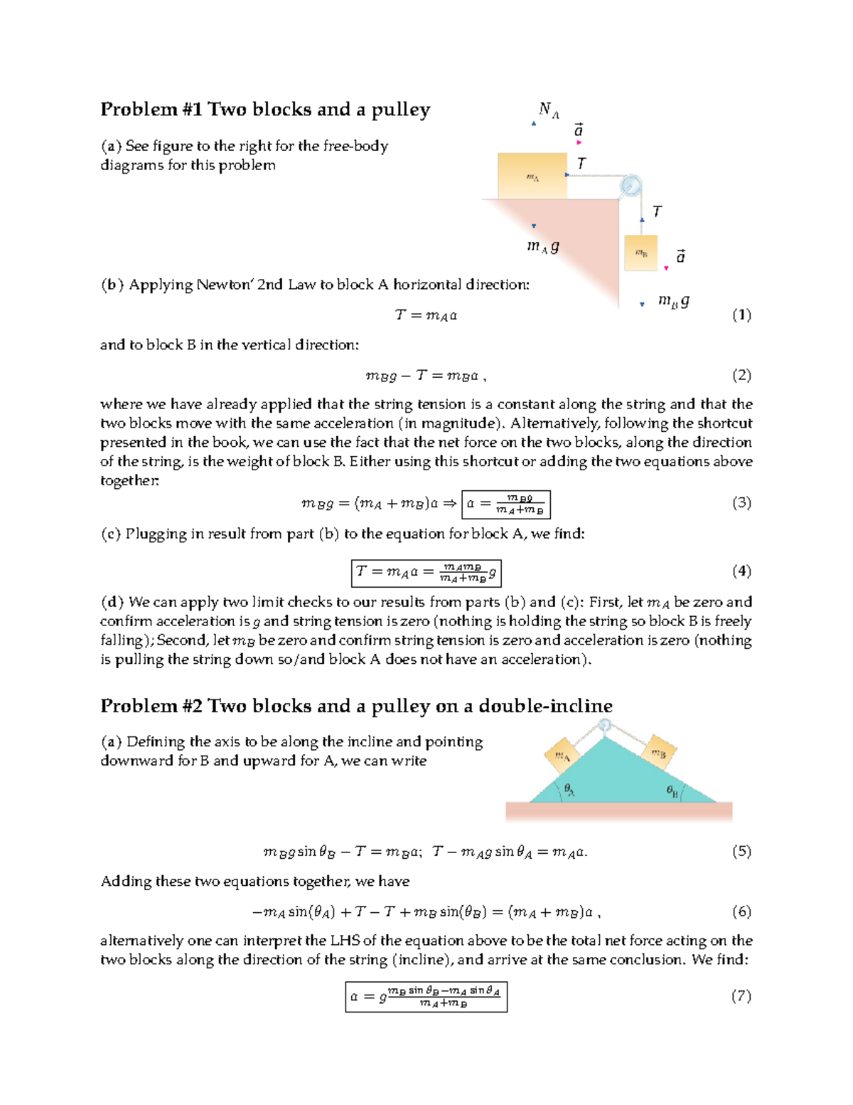 PHYS1425 - Homework 3 Answers - Problem #1 Two blocks and a pulley (a) See figure to the right ...