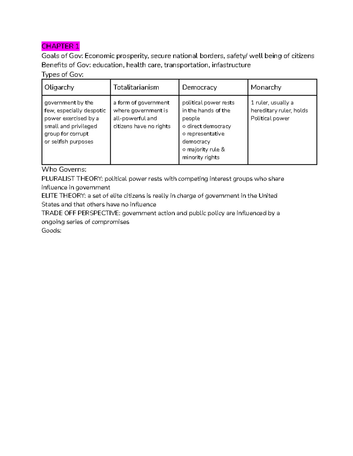 POL Midterm Overview - CHAPTER 1 Goals of Gov: Economic prosperity ...