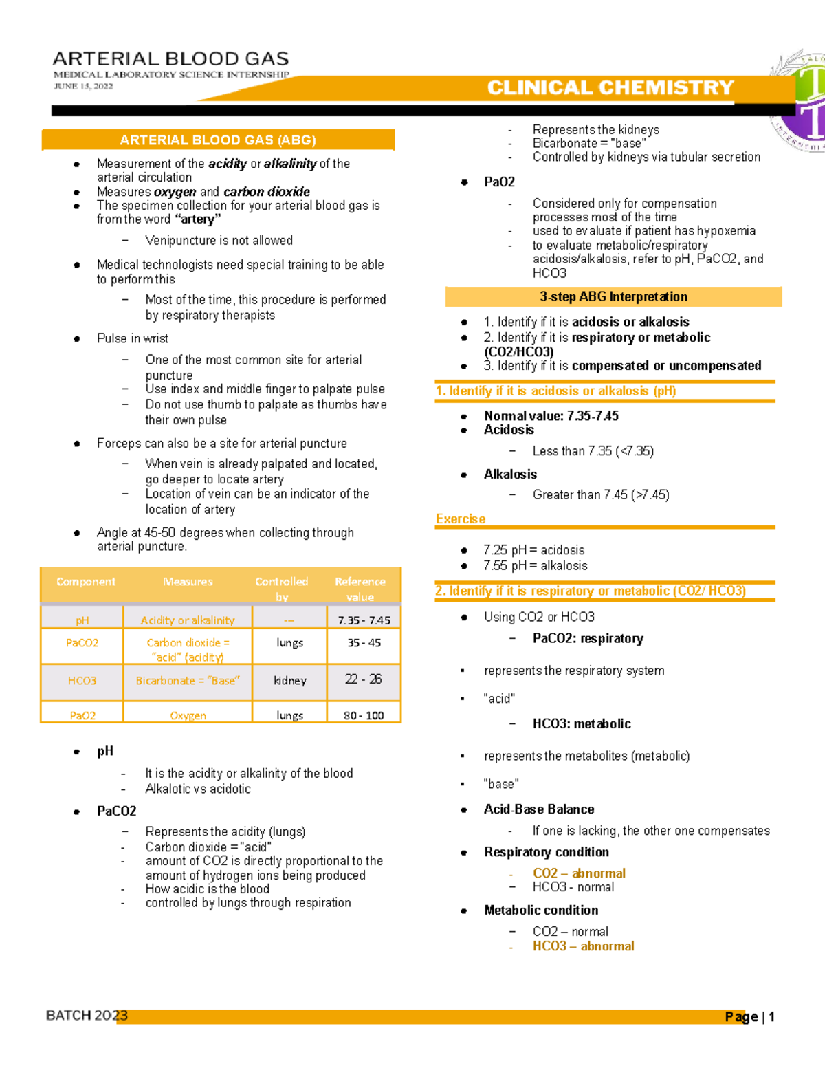 Clinical Chemistry Trans -Arterial-Blood-Gas - ARTERIAL BLOOD GAS (ABG ...